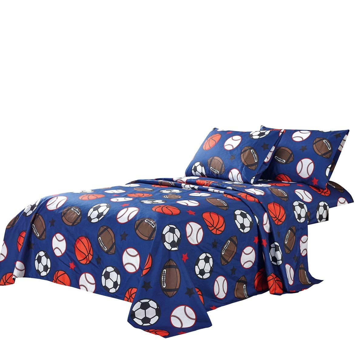 WPM Kids 3 Piece Twin Size Blue Sheet Set - Fun Sports Design with ...
