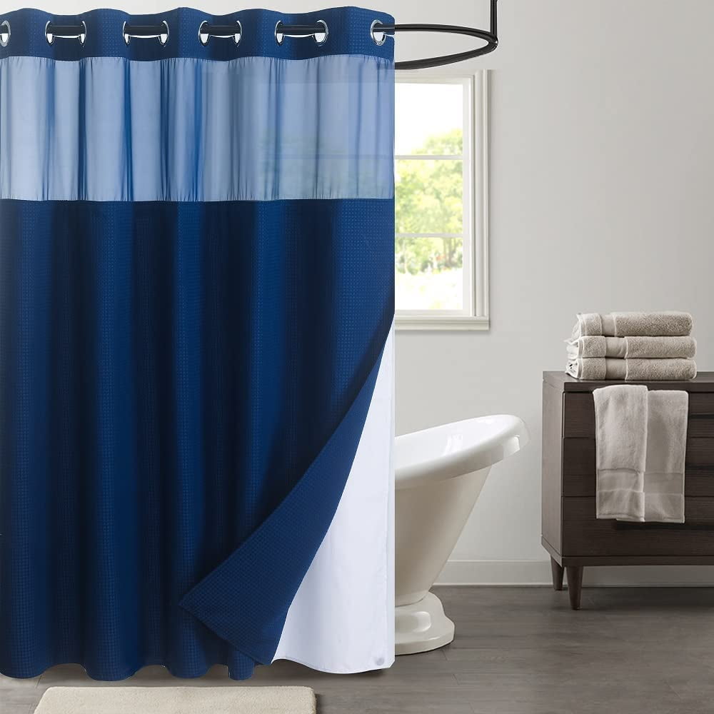WPM Navy Blue Shower Curtain, Snap-in Liner, Waffle Weave, Hotel Style ...