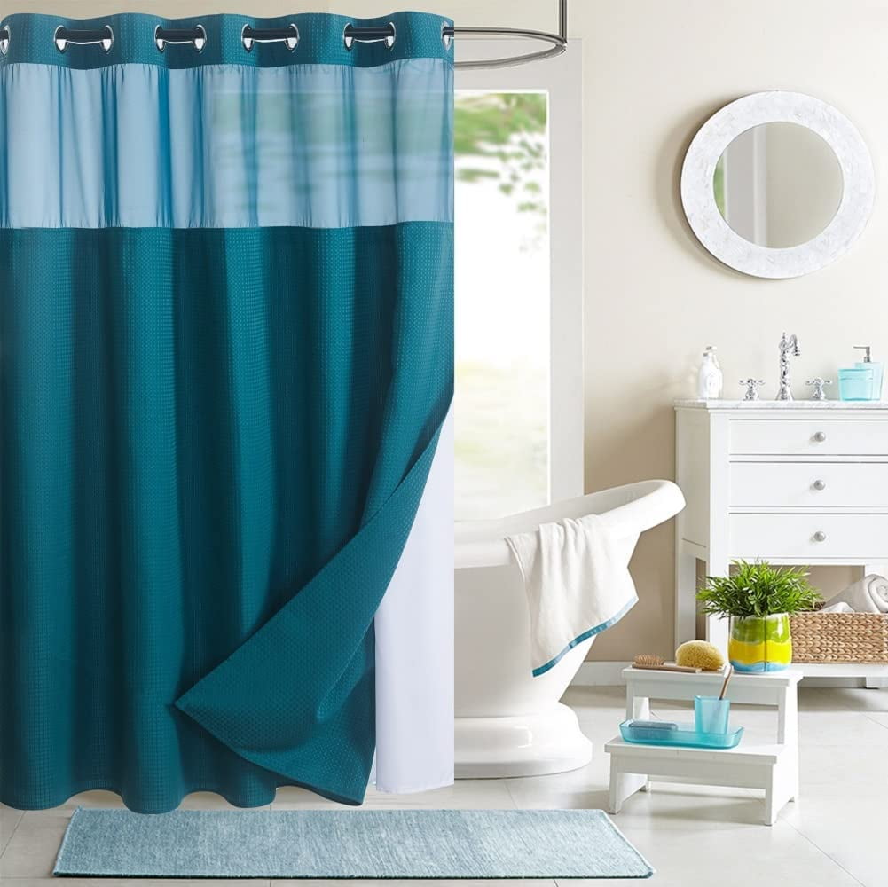 WPM Polyester Shower Curtain with Snaphooks, Teal Waffle Weave Design, Waterproof & Washable ...