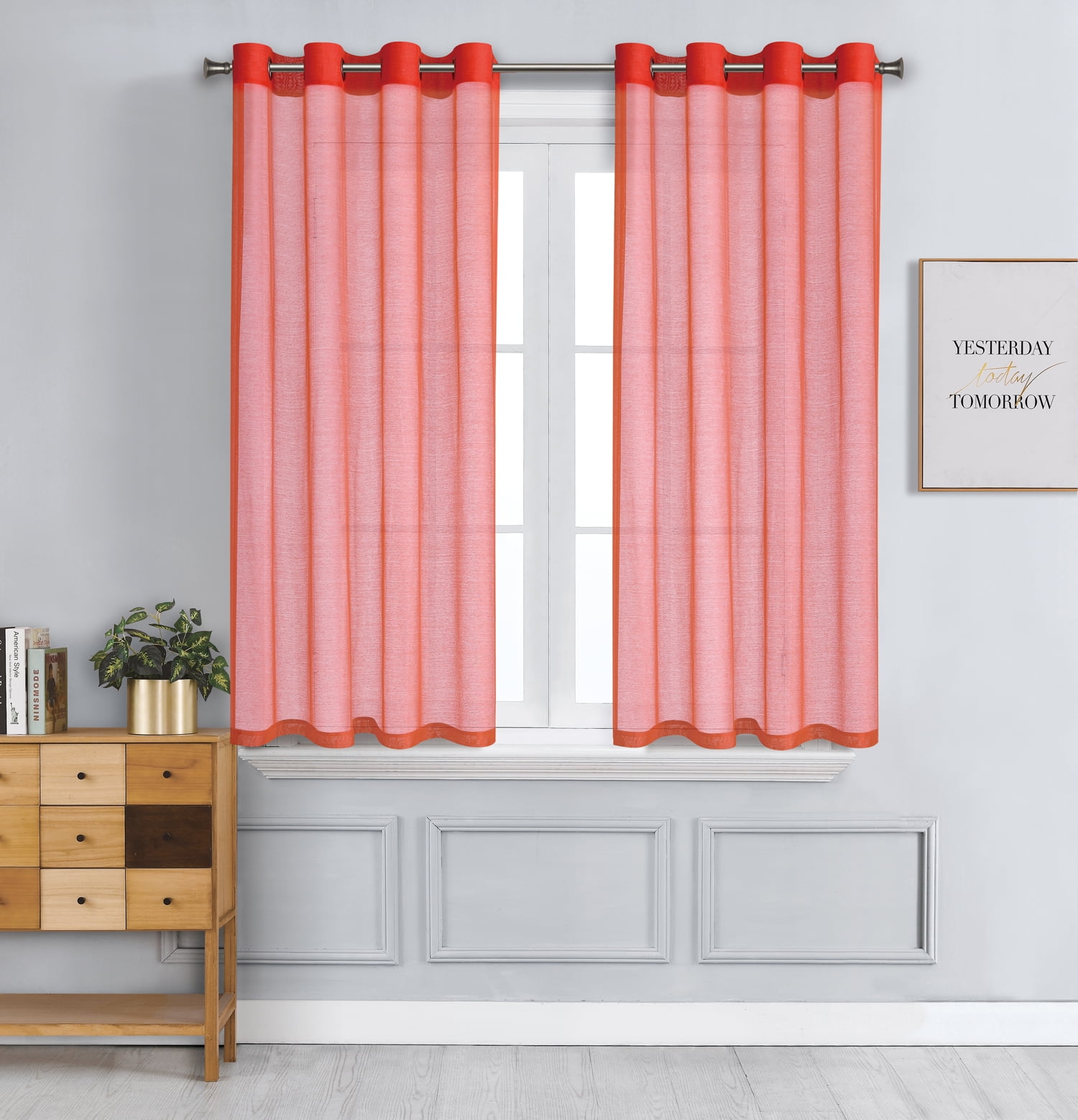 WPM Red Sheer Window Curtain Panels, Semi Voile, Grommet, 54x45in, Set ...