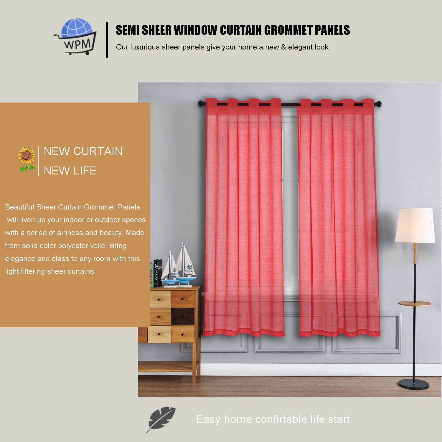 WPM Red Sheer Window Curtain Panels, 54” x 63” (Set of 2 Panels ...