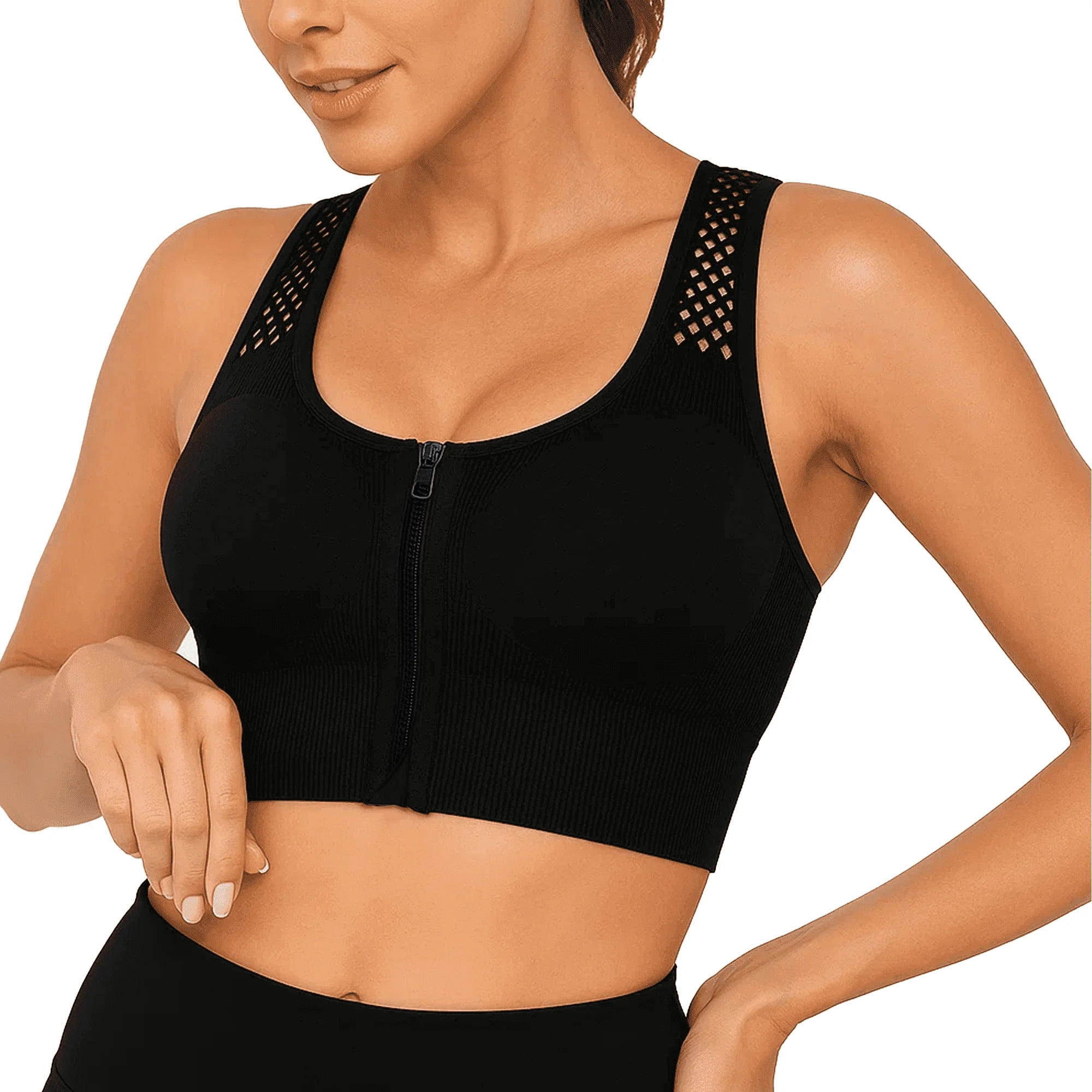 WQD Sports Bra for Women Zip Front High Support Wireless Padded Mesh Back Black Athletic Yoga ...