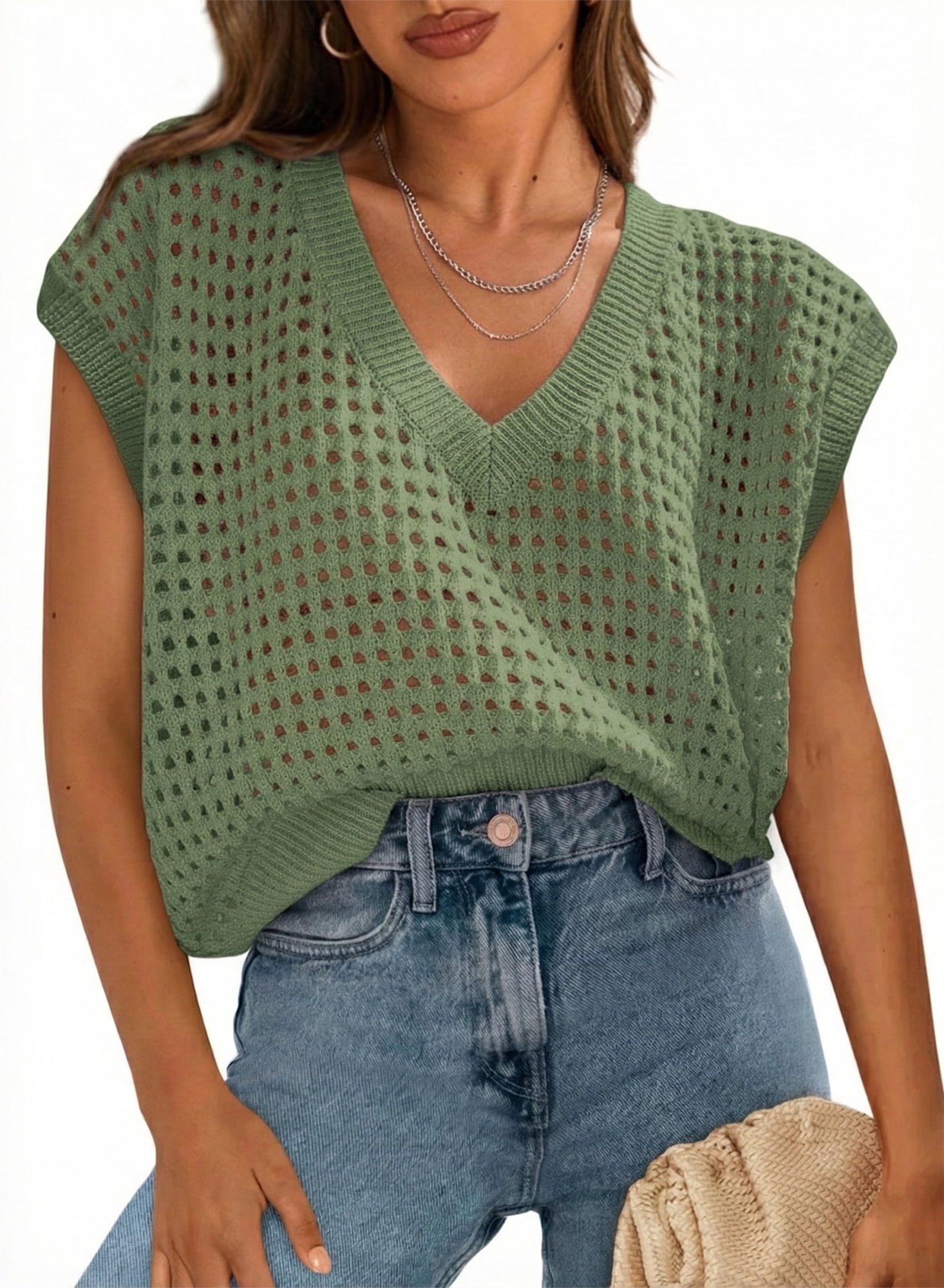 WQD Women’s Crochet Sweater Top V Neck Cap Sleeveless Spring Summer ...