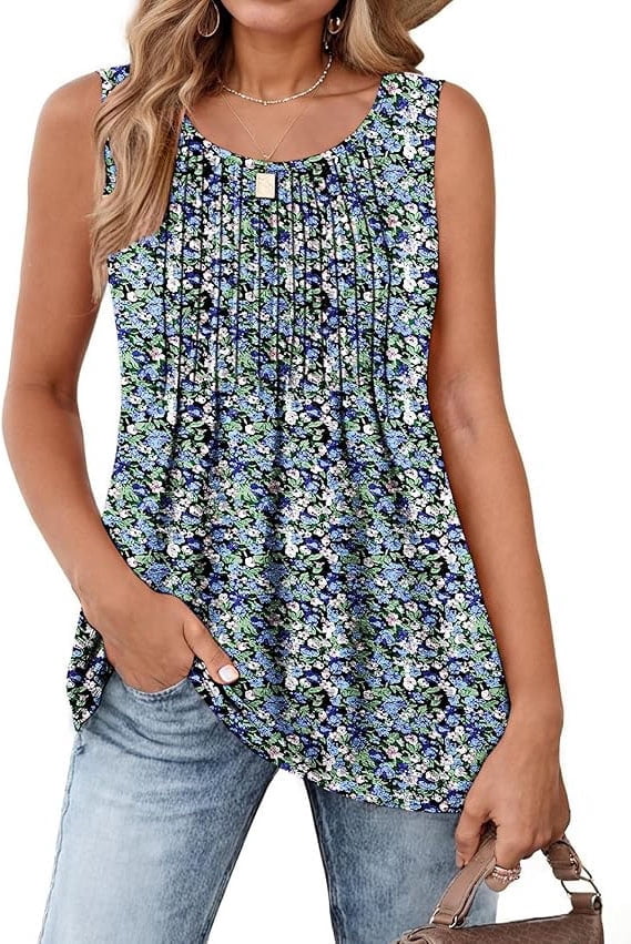 WQD Women’s Tank Top Summer Sleeveless Tops Pleated Floral Tank Shirt ...