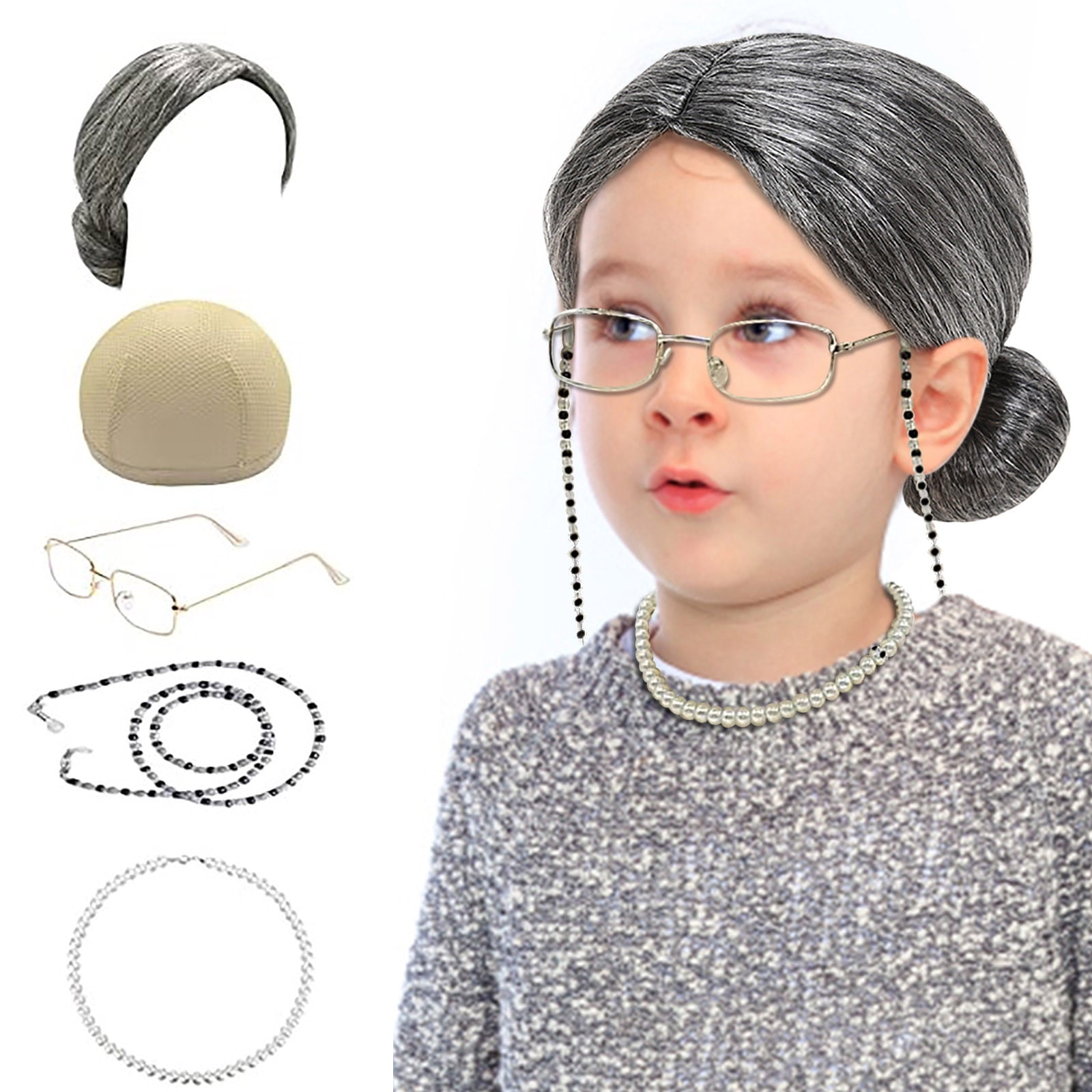 Wqjnweq Human Hair Wig 2024 Grandma Cos Suit Chain Eyeglasses Pearl