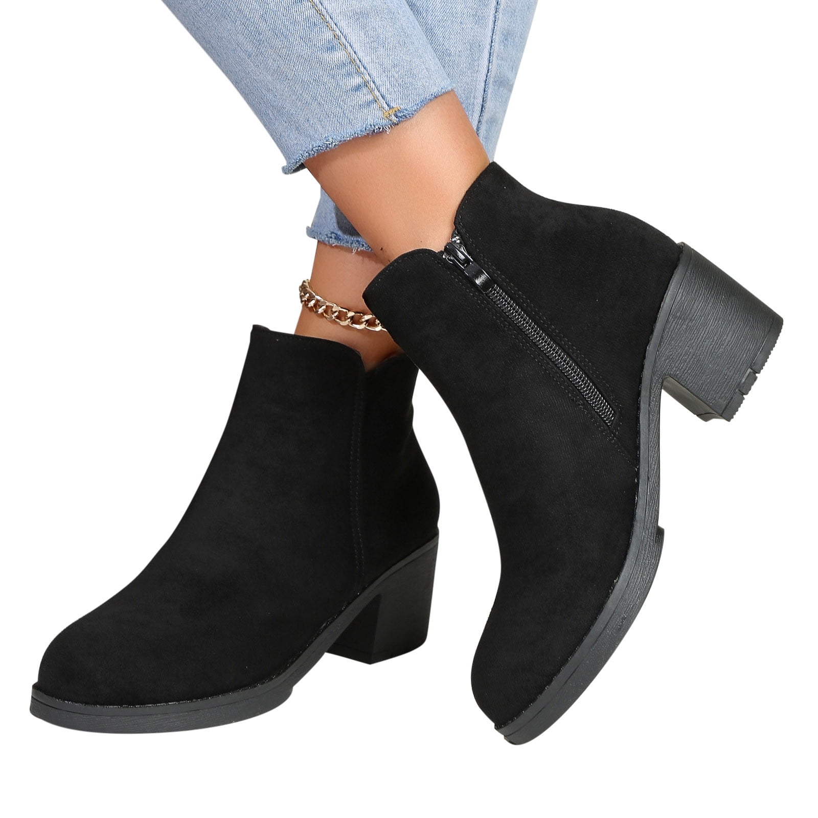 WQJNWEQ Sandals Women Comfortable Round Head Thick Heel Side Zipper ...