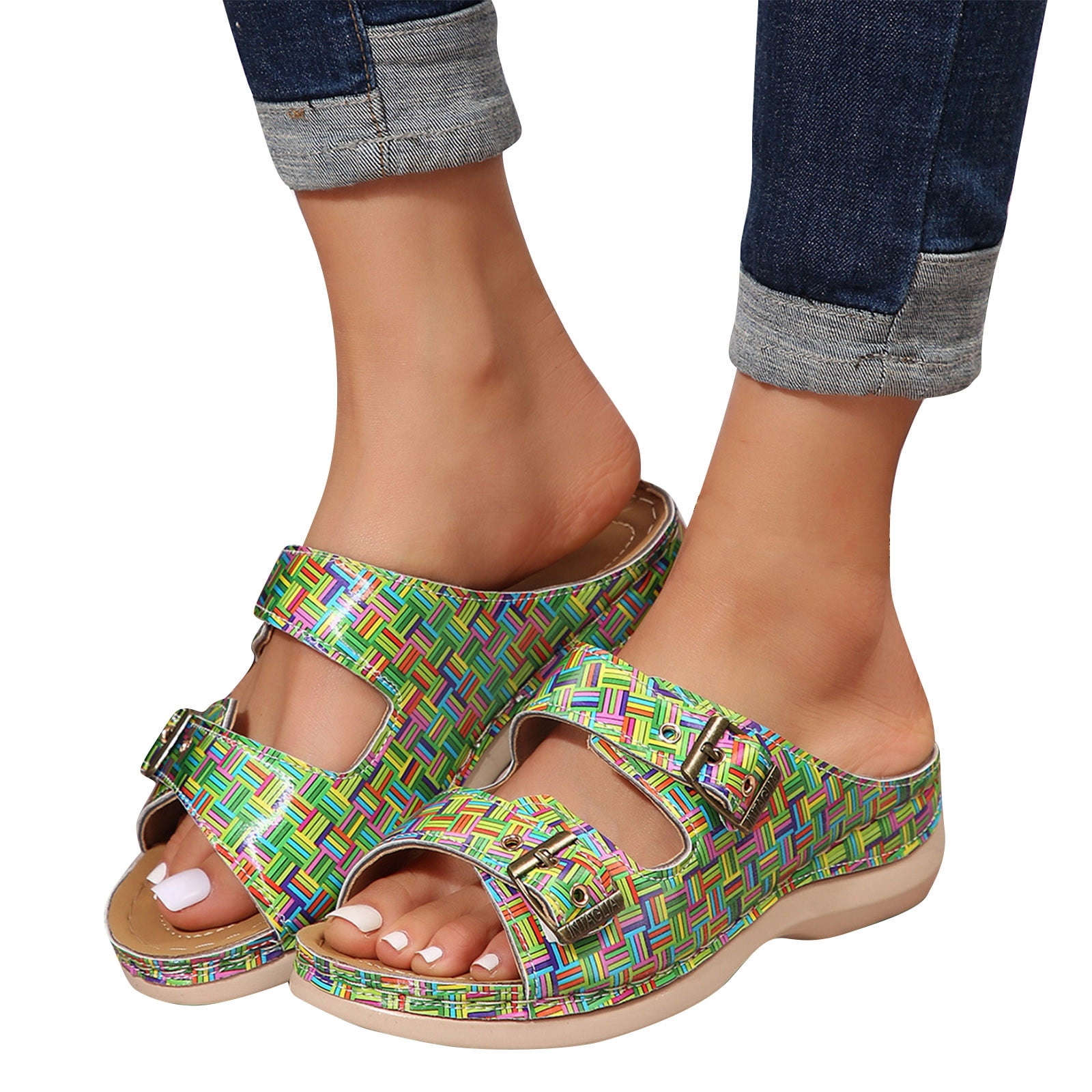 WQJNWEQ Sandals Women Large Slippers 2024 New Hollow Metal Button Slope ...