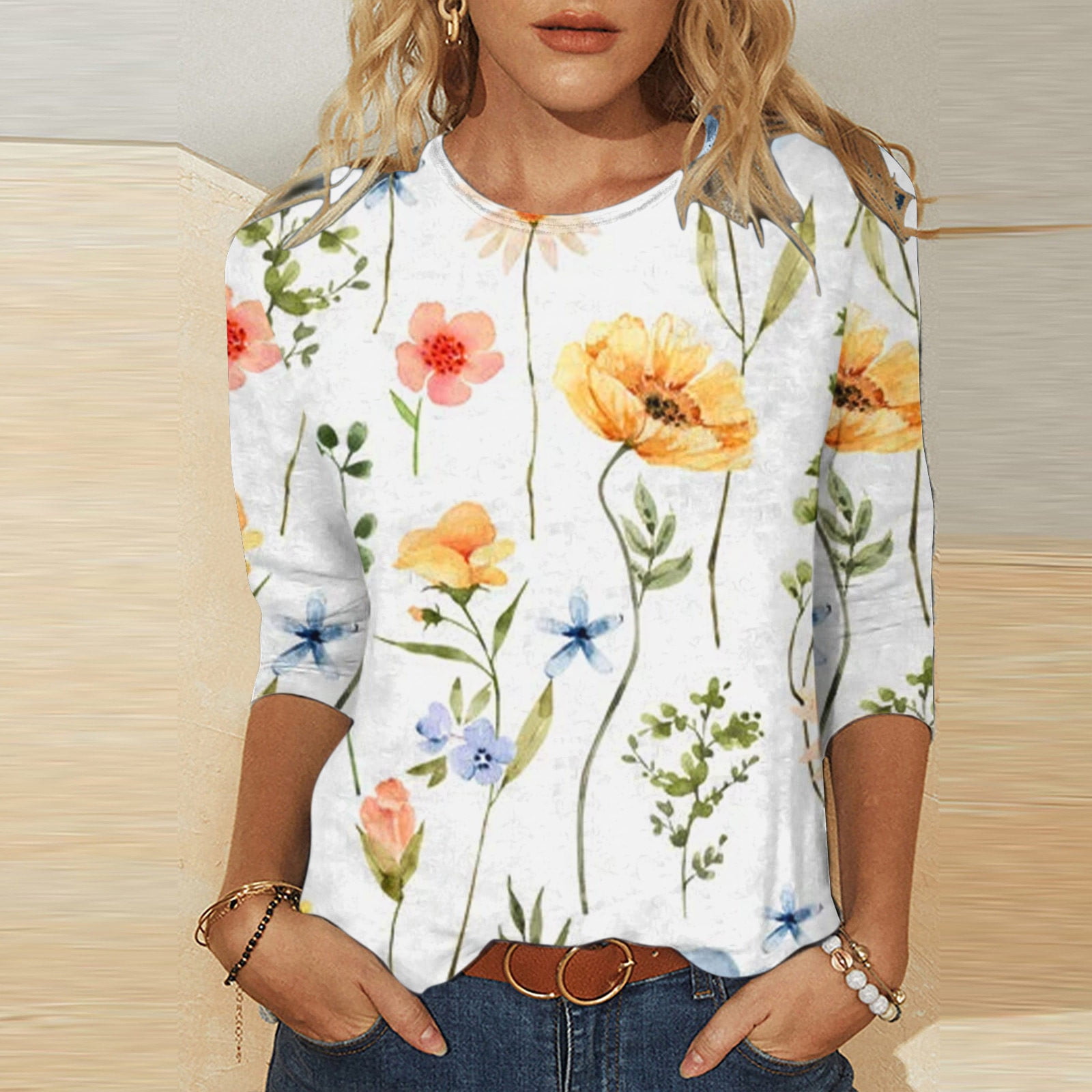 WQJNWEQ Womens Tops 3/4 Sleeve Misses Stylish Printed T-Shirt Mid ...