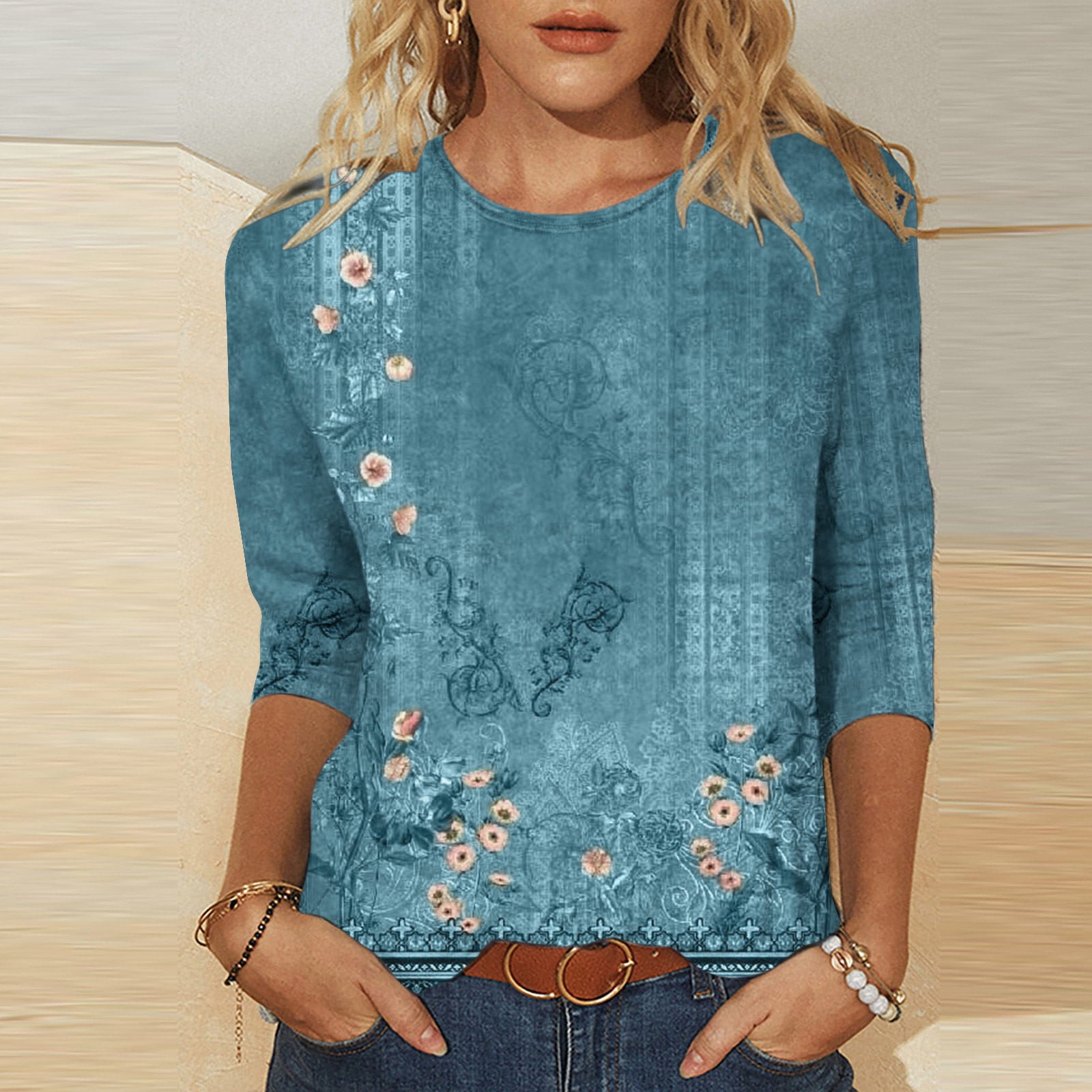 WQJNWEQ Womens Tops 3/4 Sleeve Misses Stylish Printed T-Shirt Mid ...
