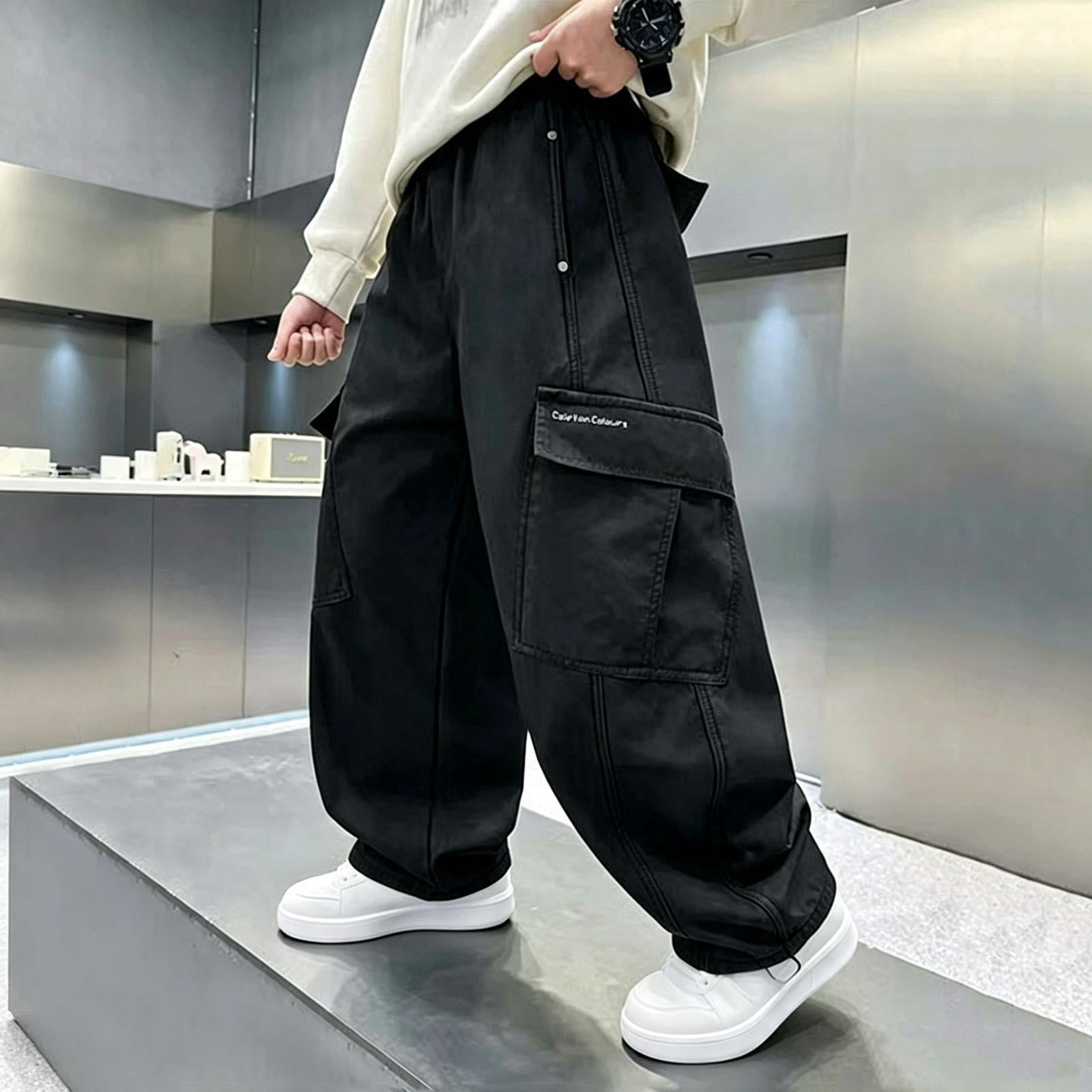 WQNVRNR Boys Cotton Cargo Pants Drawstring Hem Multi-Pocket Elastic ...