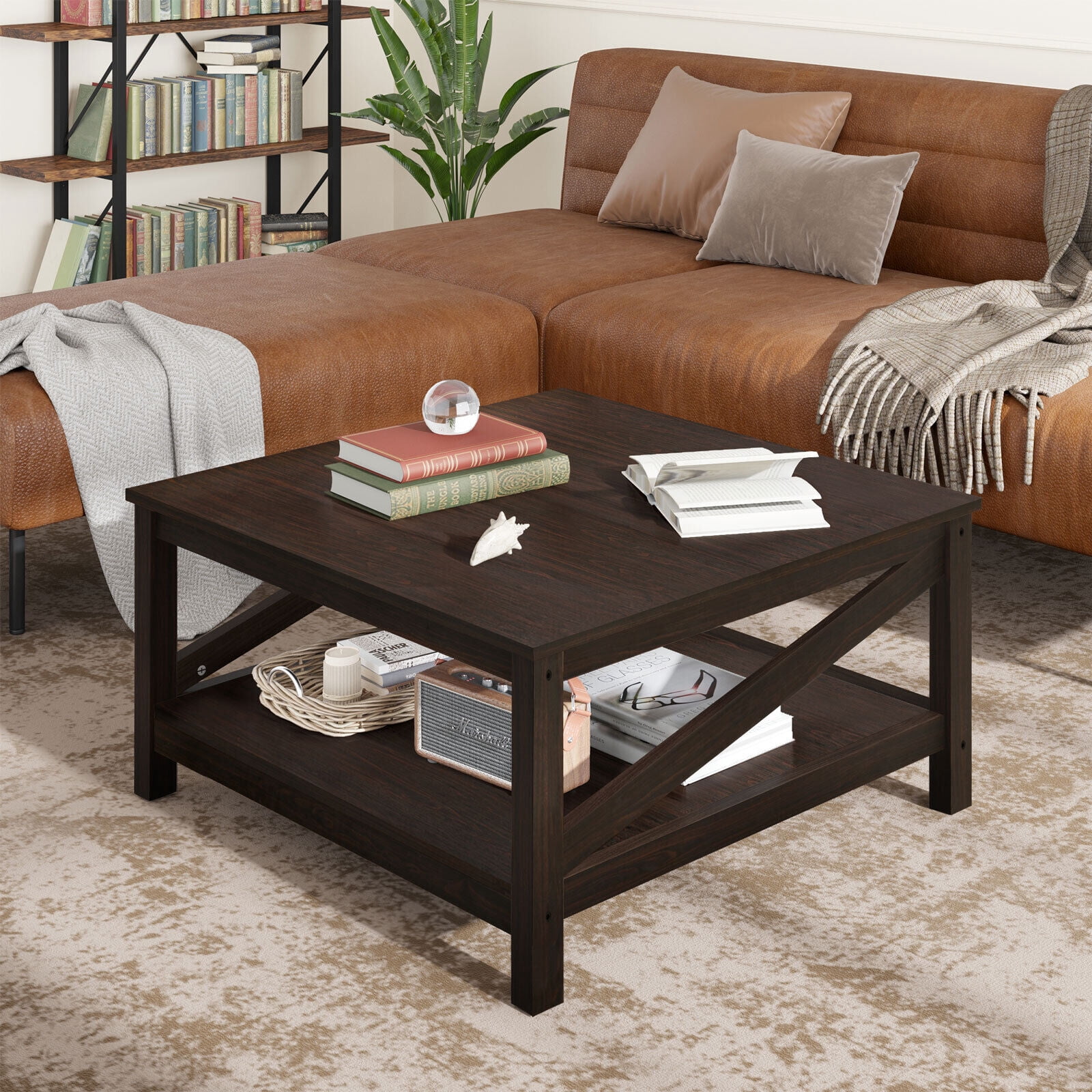 WQQi 2-Tier Wood Square Coffee Table Farmhouse Cocktail Table with ...