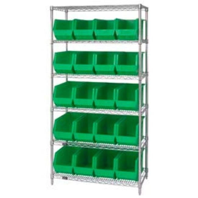 WR6-265 Chrome Wire Shelving with 20 Giant Plastic Stacking Bins, Green - 36 x 18 x 74 in ...