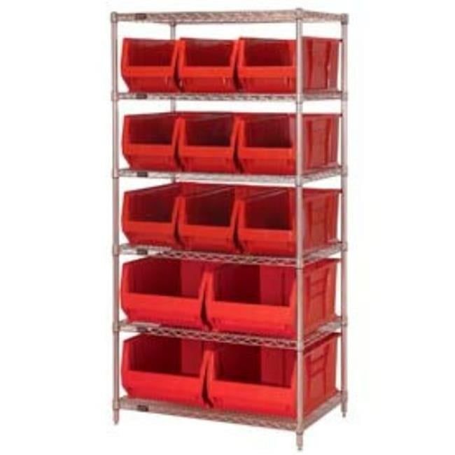 WR6-953954 Chrome wire Shelving with 13 24 in. Hopper Bins, Red - 24 x ...