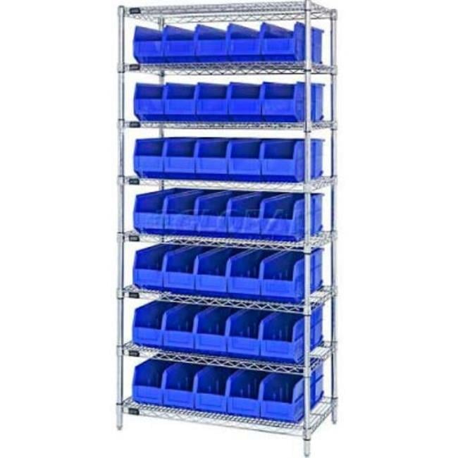 WR8-461 Chrome Wire Shelving with 35 SSB461 Stackable Shelf Bins, Blue - 36 x 18 x 74 in ...