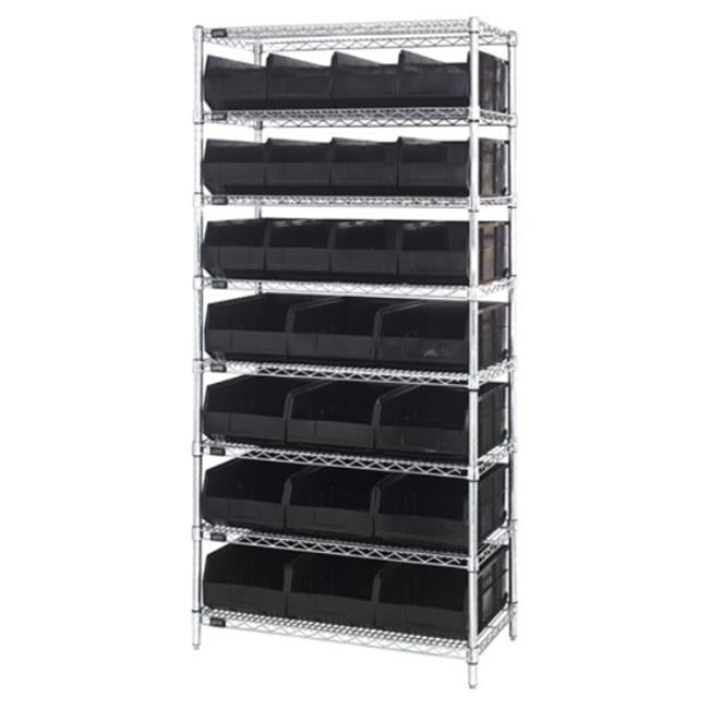 WR8-483485 Chrome Wire Shelving with 12 SSB483, 12 SSB485 Stackable Shelf Bins, Black - 36 x 21 ...