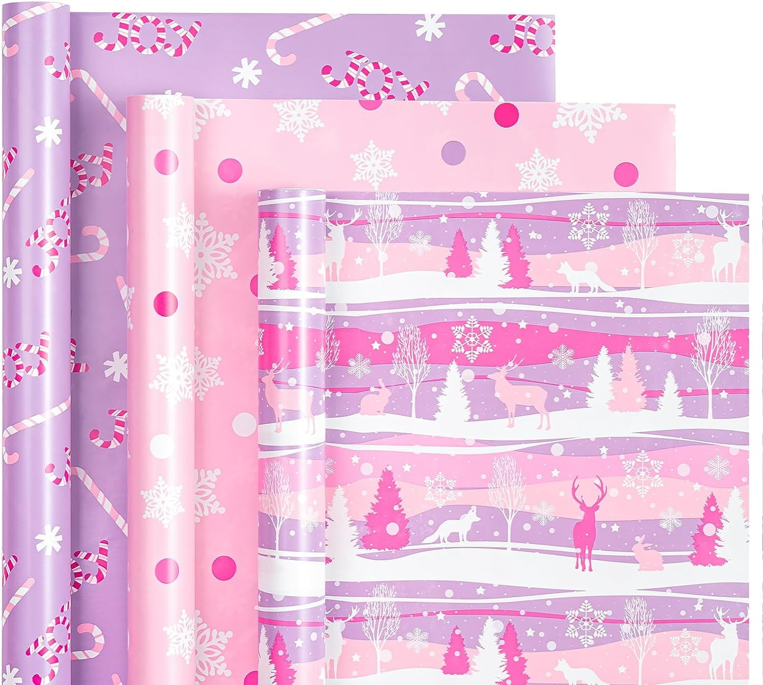 WRAPAHOLIC Christmas Wrapping Paper Roll Mini Roll 3 Rolls 17 Inch X 120 Inch Per Roll Pastel Pink and Purple Reindeer Candy cane with JOY
