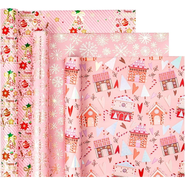WRAPAHOLIC Foil Christmas Wrapping Paper - 3 Mini Rolls - 17x120 Inch ...