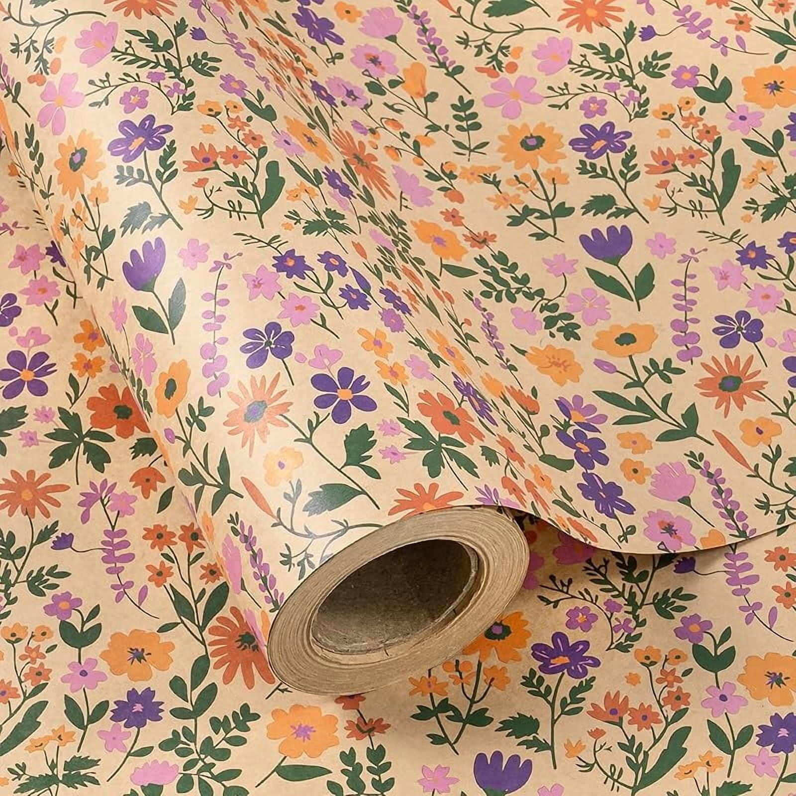 WRAPAHOLIC Kraft Floral Wrapping Paper Roll - Mini Roll - 17 Inch x 9.8 ...