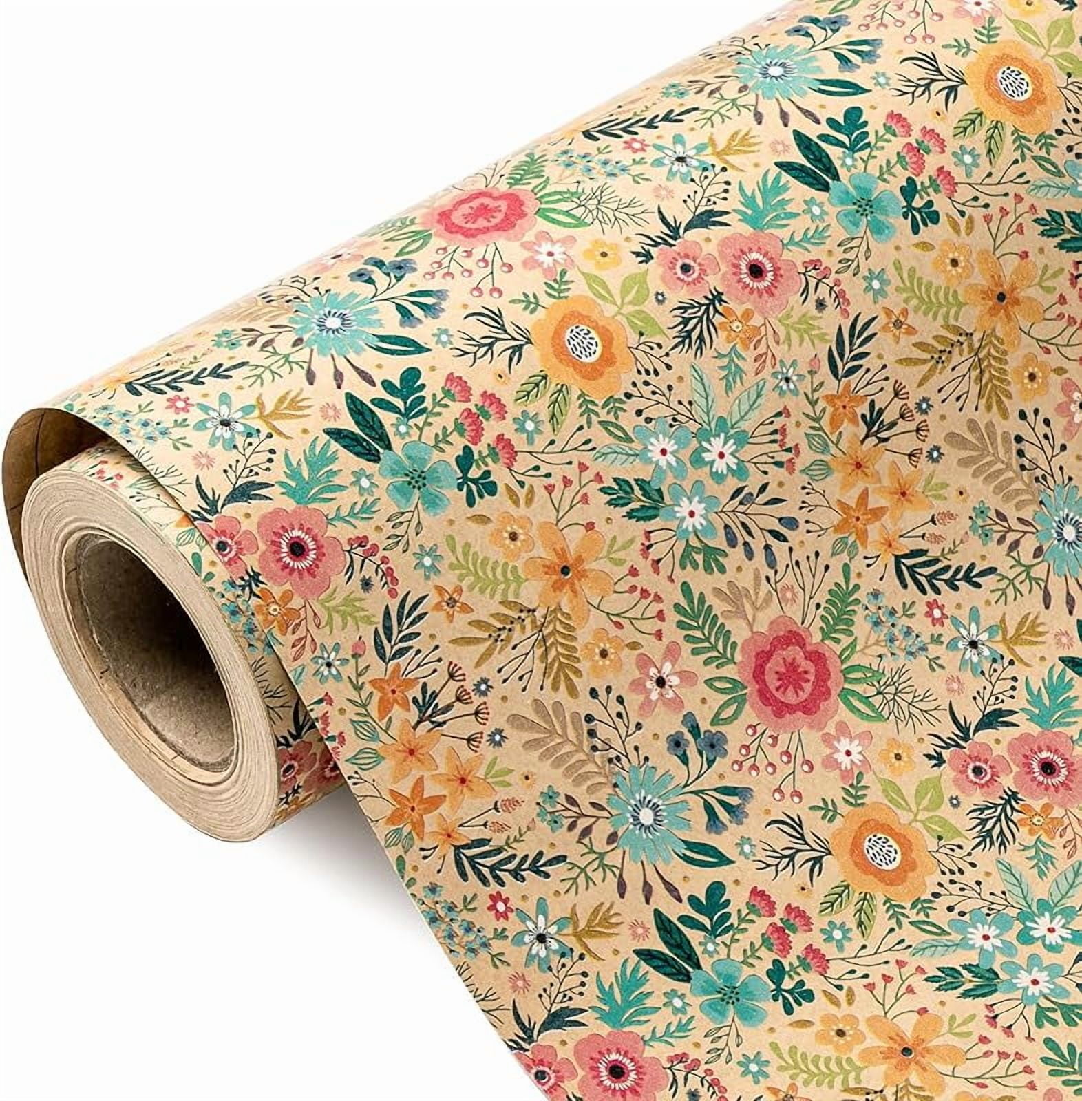 WRAPAHOLIC Kraft Floral Wrapping Paper Roll - Mini Roll - 17 Inch x 9.8 ...