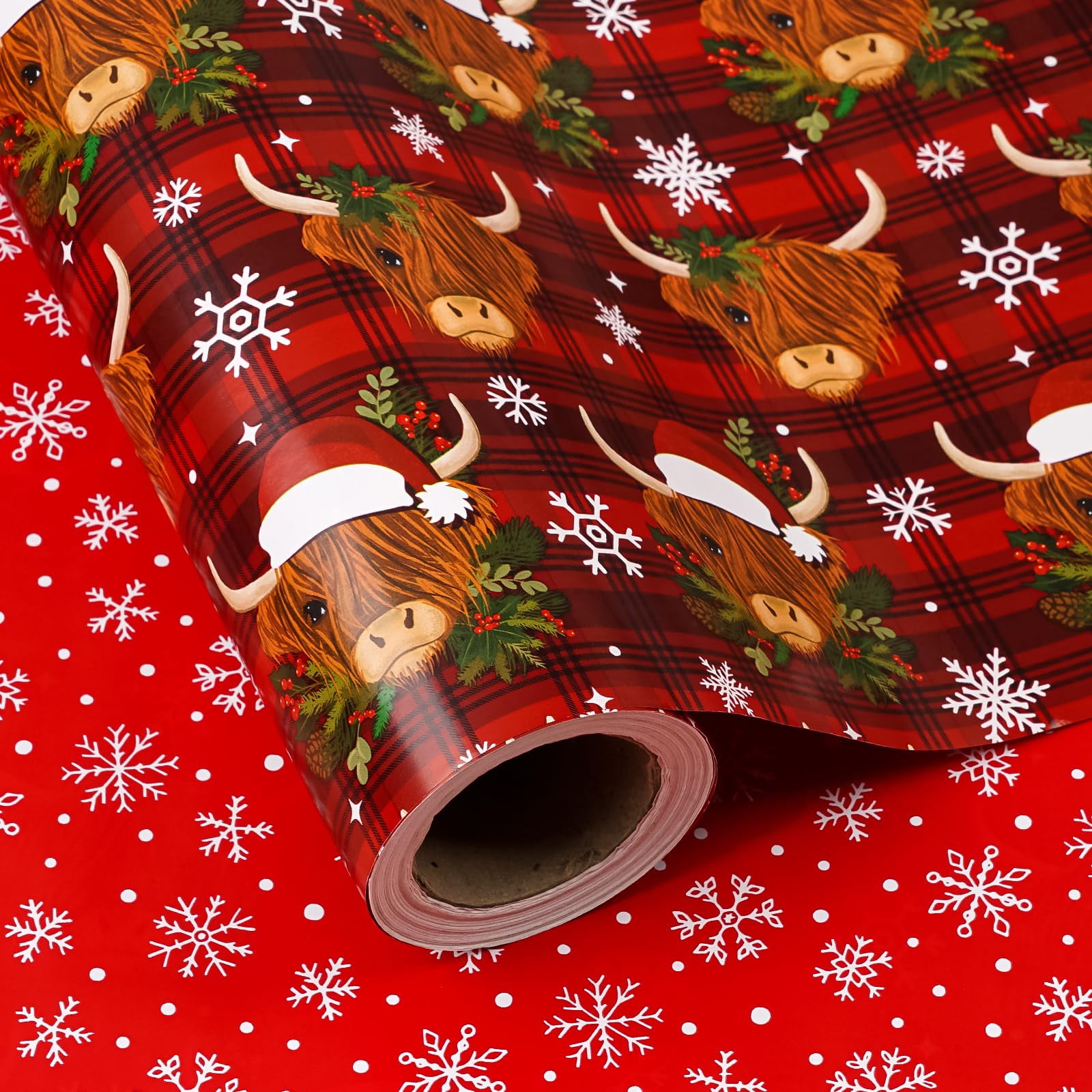 WRAPAHOLIC Reversible Highland Cow Christmas Wrapping Paper - Mini Roll ...