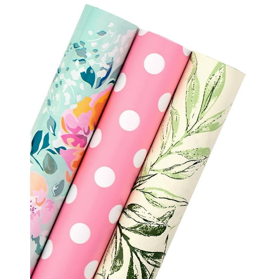 WRAPAHOLIC Floral & Polka Dot Gift Wrap - 3 Pack, 17x120in Each ...