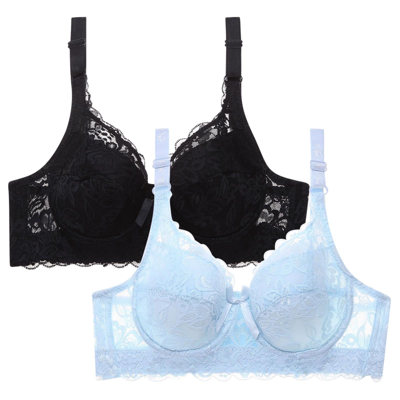 WREESH 2 Pack Lace Bralettes for Women Soft Padded Push Up Bra Wireless Plunge Bra Adjustable ...