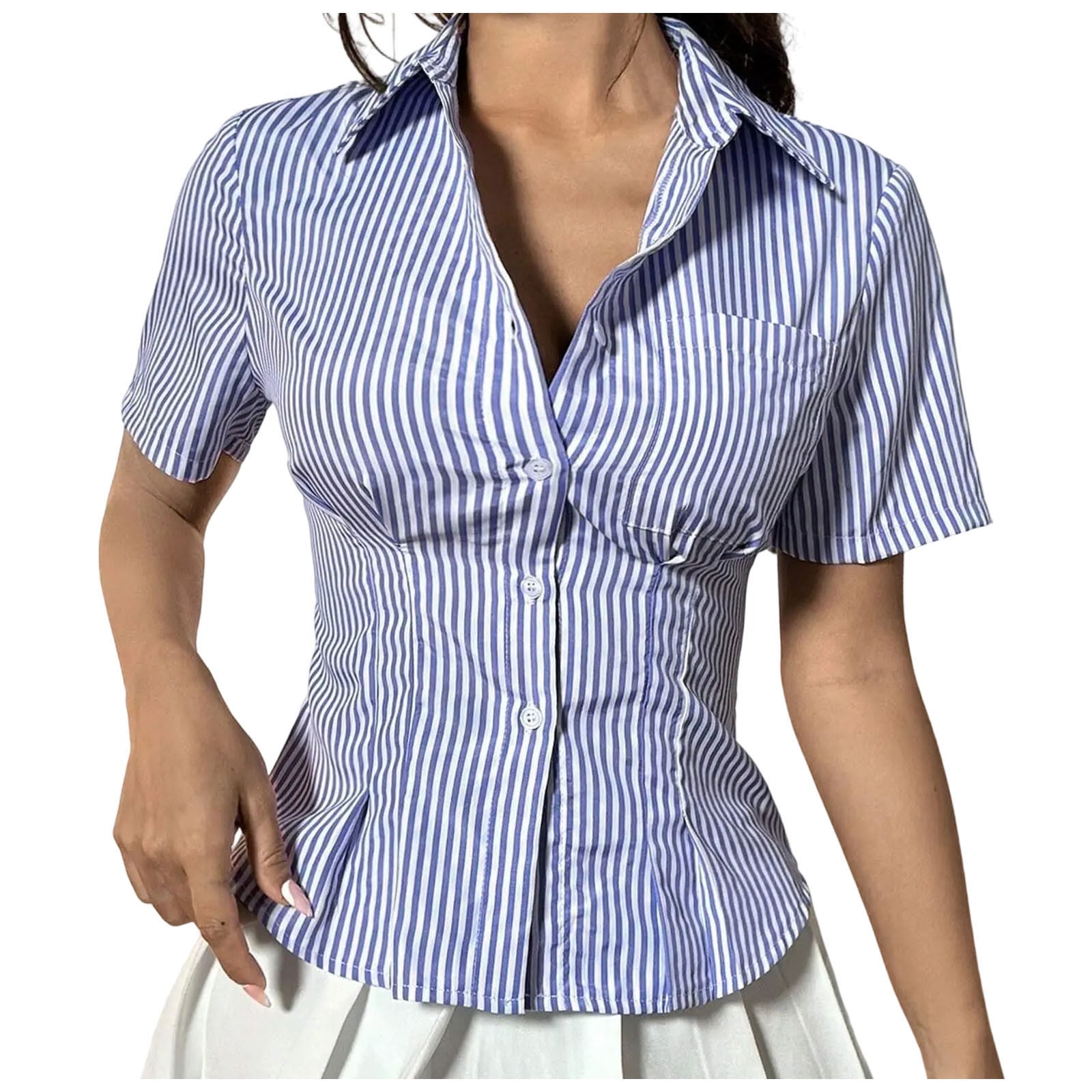 WREESH Women's Trendy Button Up Shirt Short Sleeve V Neck Flirty ...