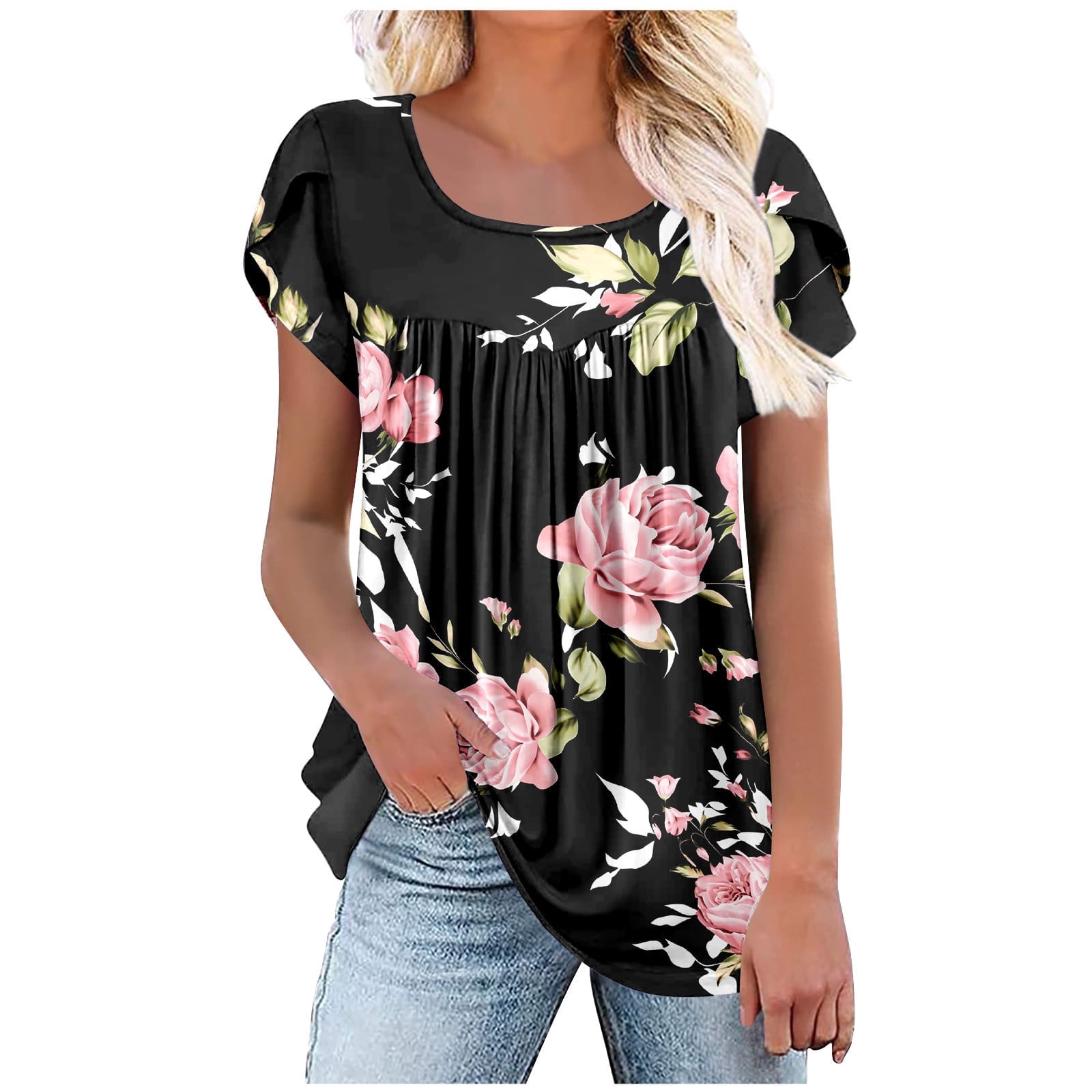 WREESH Casual Summer Tunic Tops Women's Pleated Floral Print Square ...