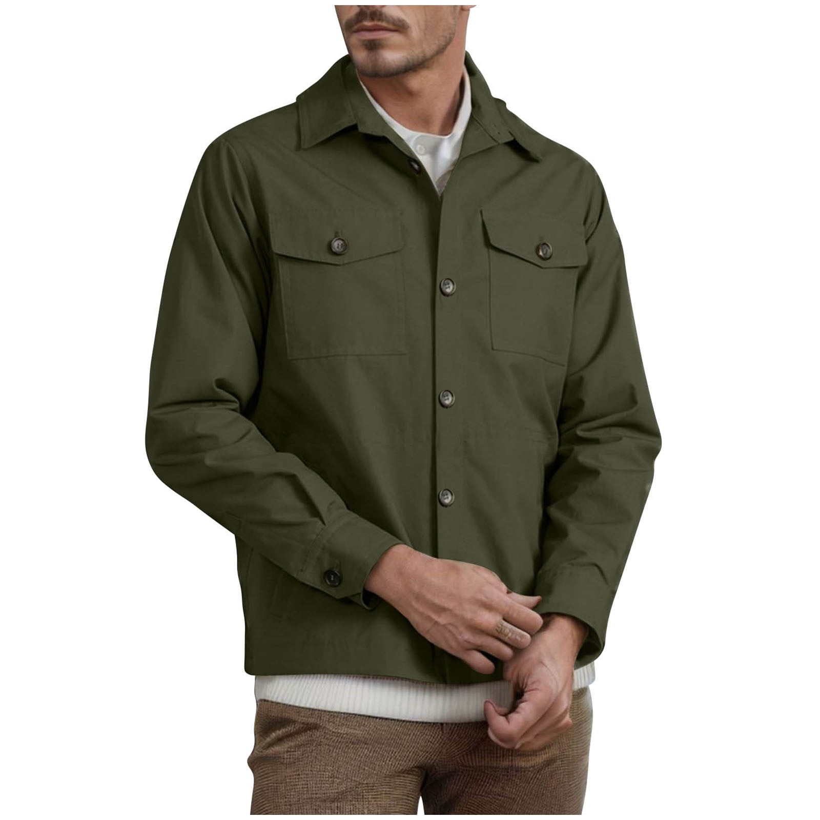 WREESH Fashion Jacket Men Pocket Button Flip Collar Solid Color Jacket ...