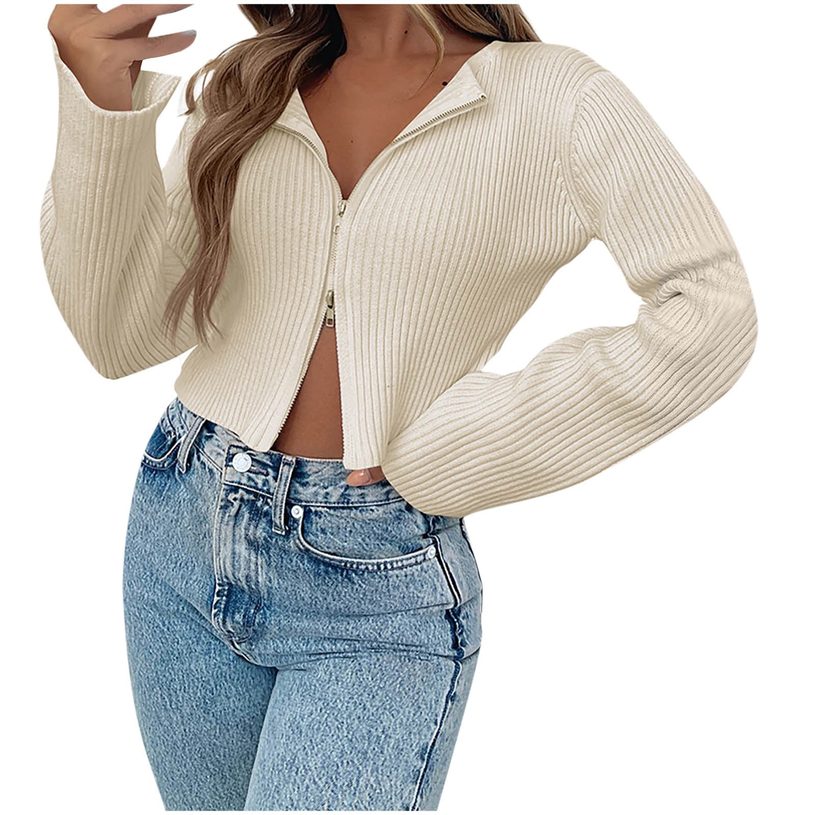 WREESH Fashion Zip-Up Sweater Jacket Crop Cardigan Women's Solid Color ...