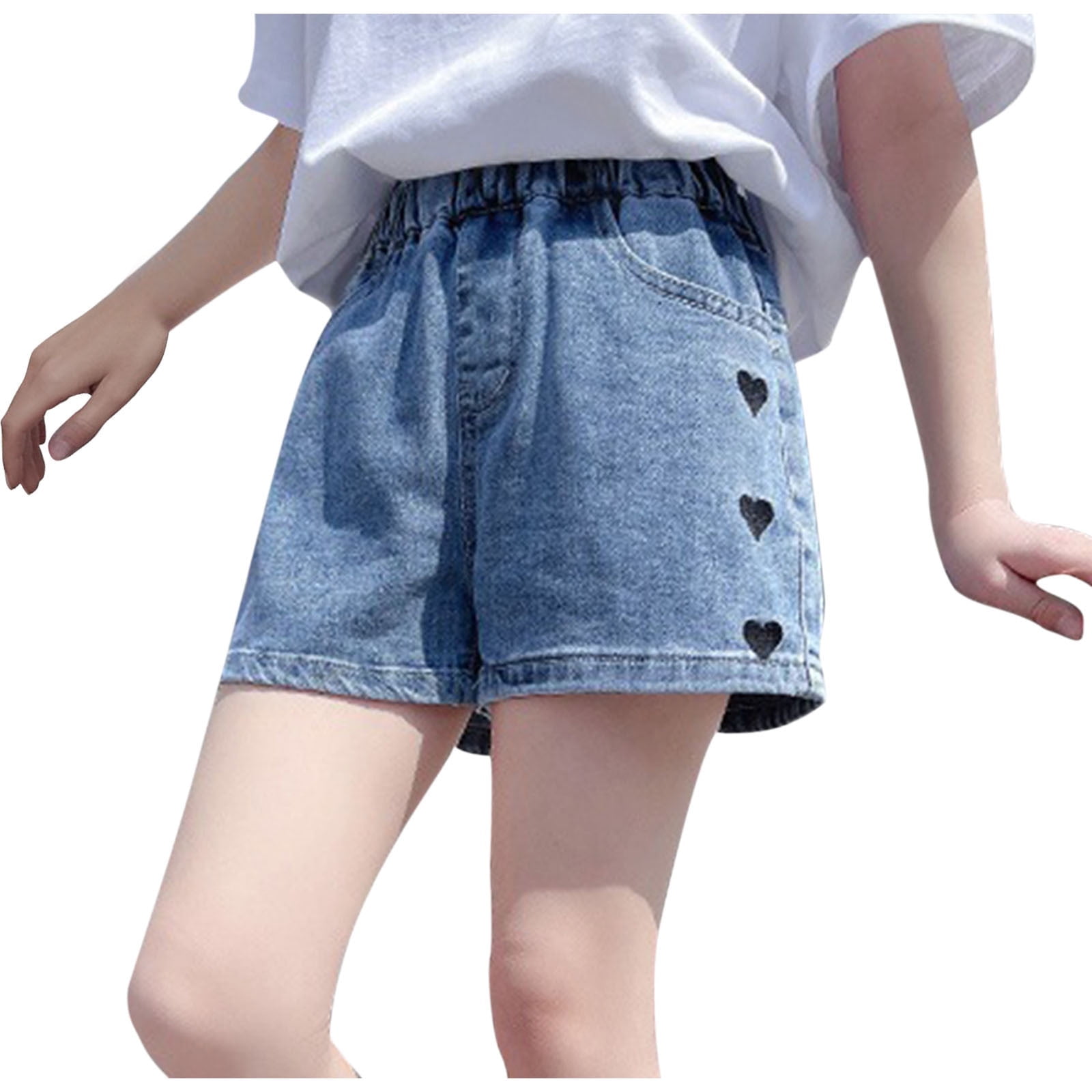 WREESH Girls' High-Waisted Denim Shorts with Black Peach Heart ...