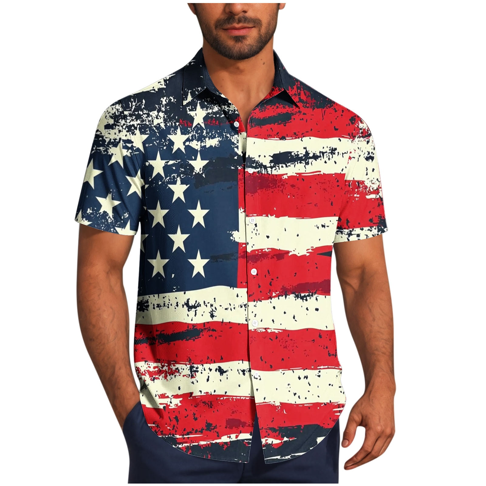 WREESH Men Summer Button Up Shirt American Flag Print Short Sleeve ...