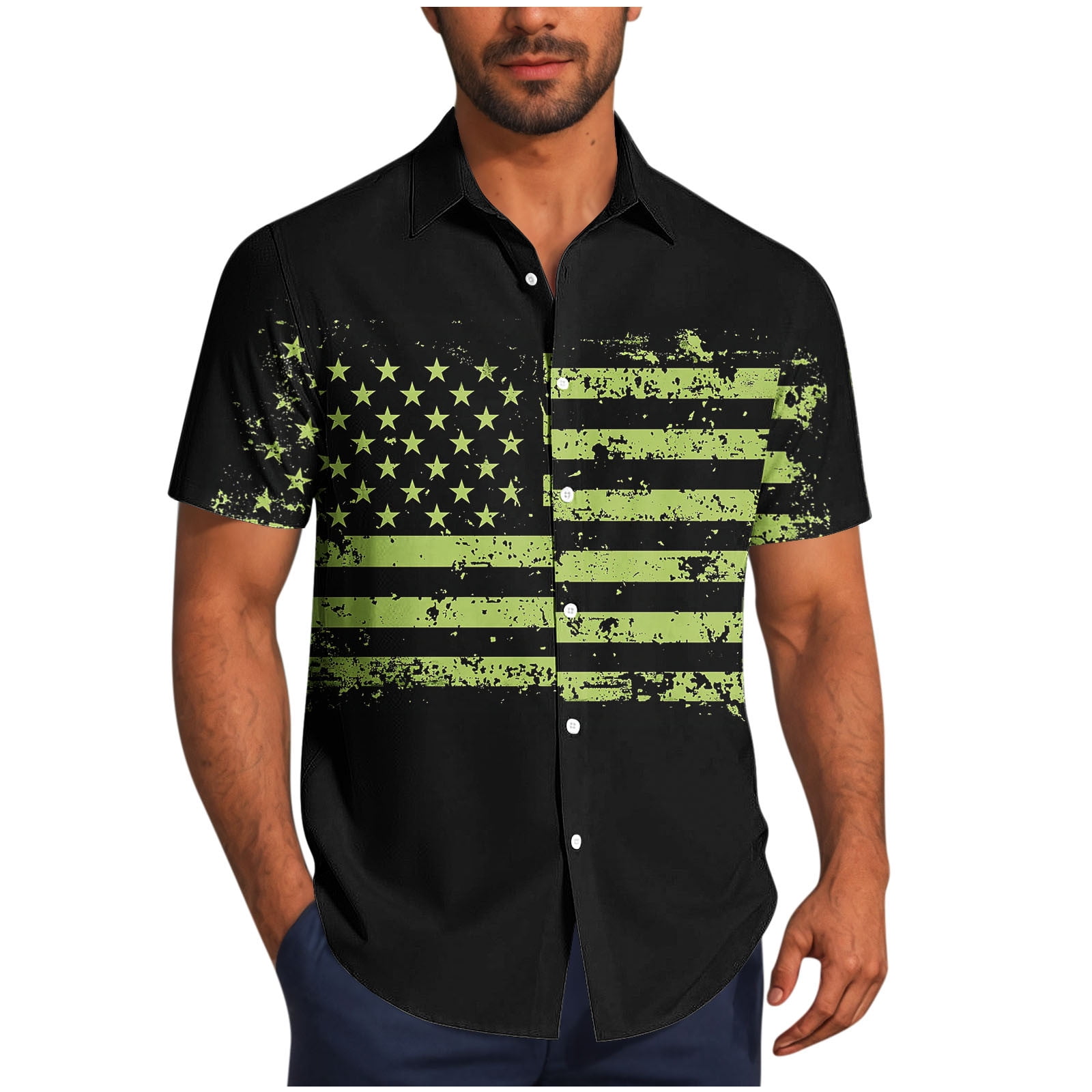 WREESH Men Summer Button Up Shirt American Flag Print Short Sleeve ...