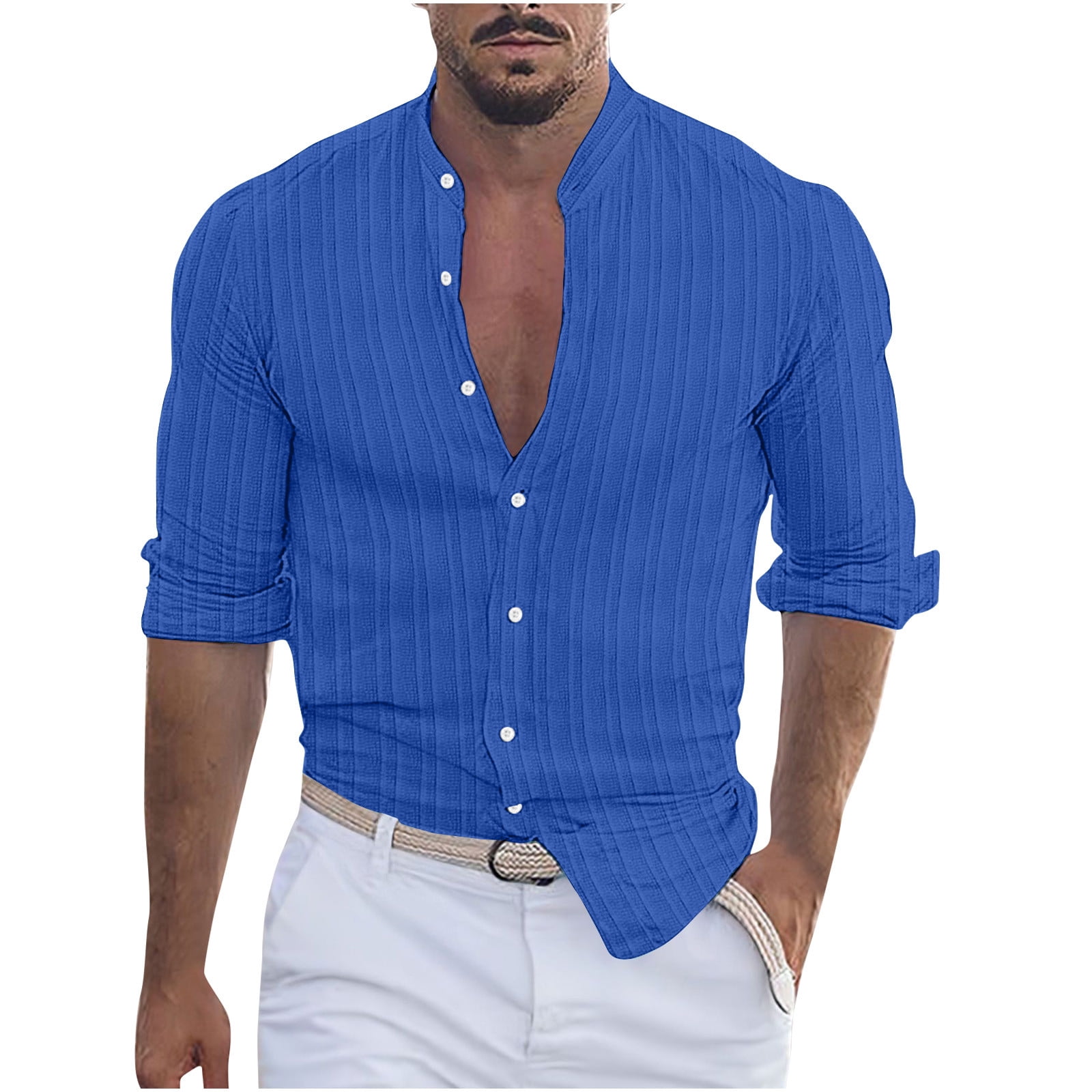 Wreesh Mens Casual Button Down Shirt Cotton Linen Solid Turn Down