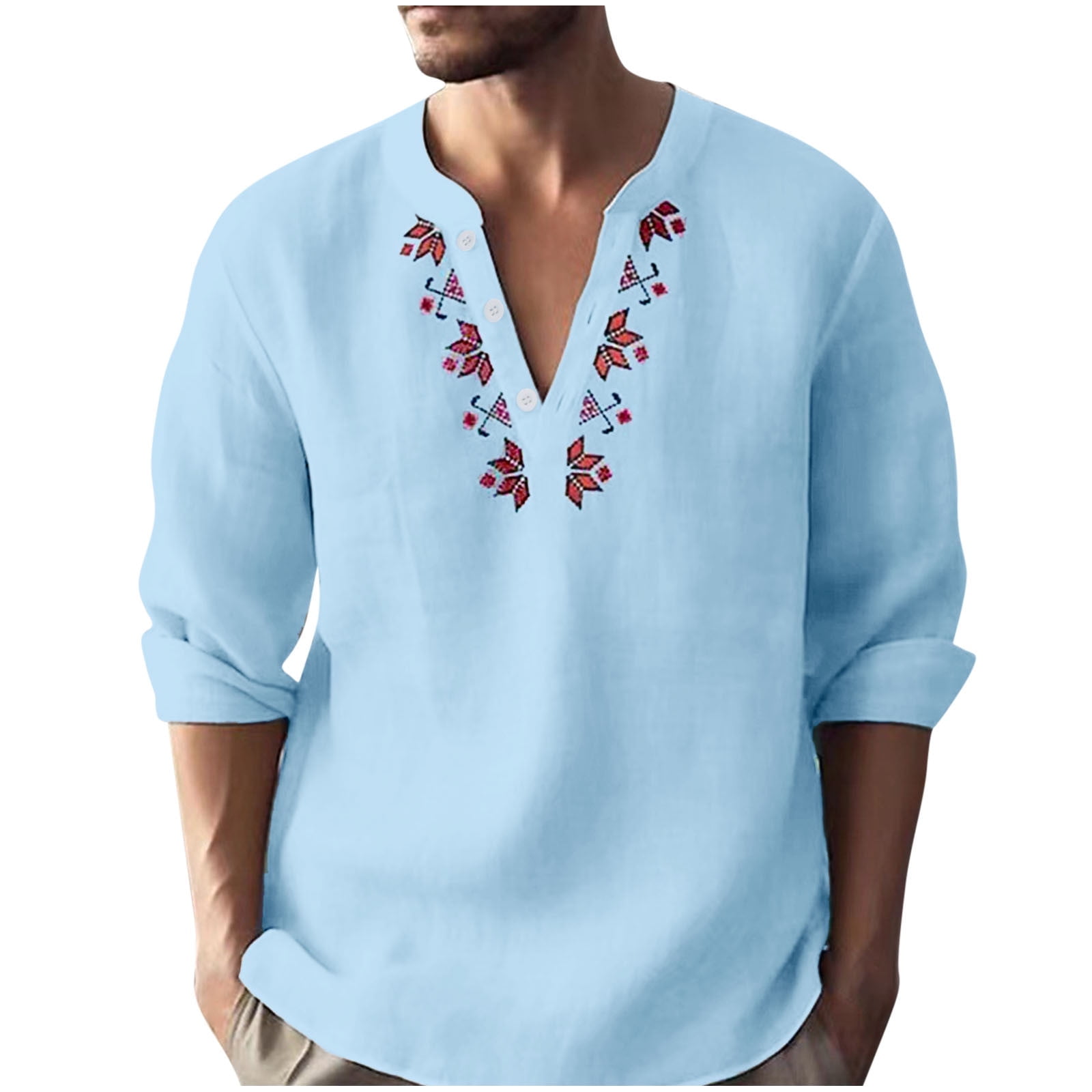 WREESH Men's Casual Cotton Linen Henley Shirt Fashion V-Neck Print Long ... WREESH Men's Casual Cotton Linen Henley Shirt Fashion V-Neck Print Long ...