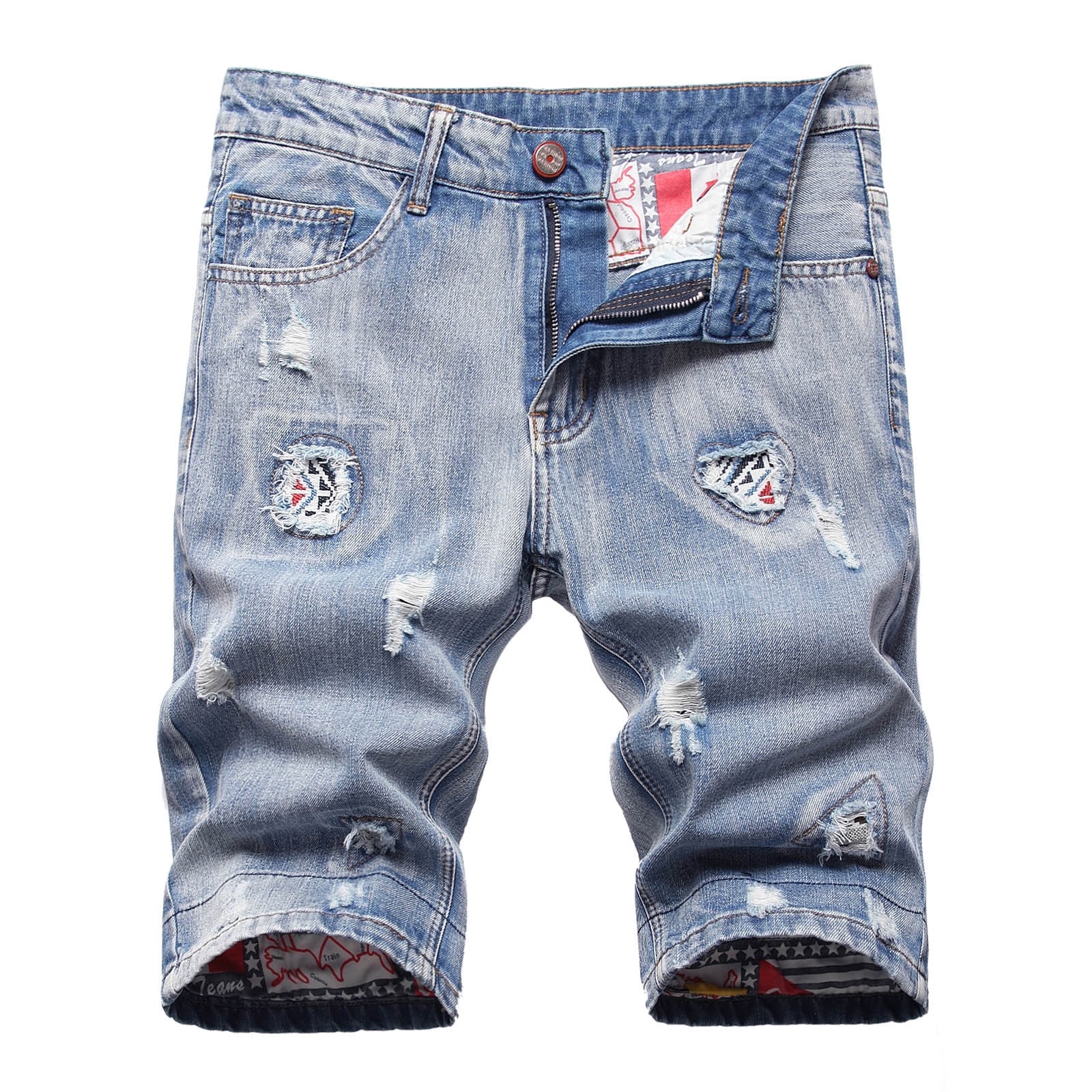 WREESH Men's Denim Shorts Washed Ripped Jeans Shorts Casual Zipper ...