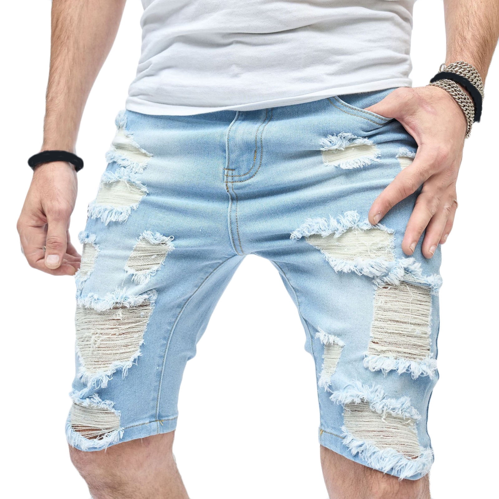 WREESH Men's Denim Shorts Zipper Elastic Slim Casual Denim Shorts Play ...