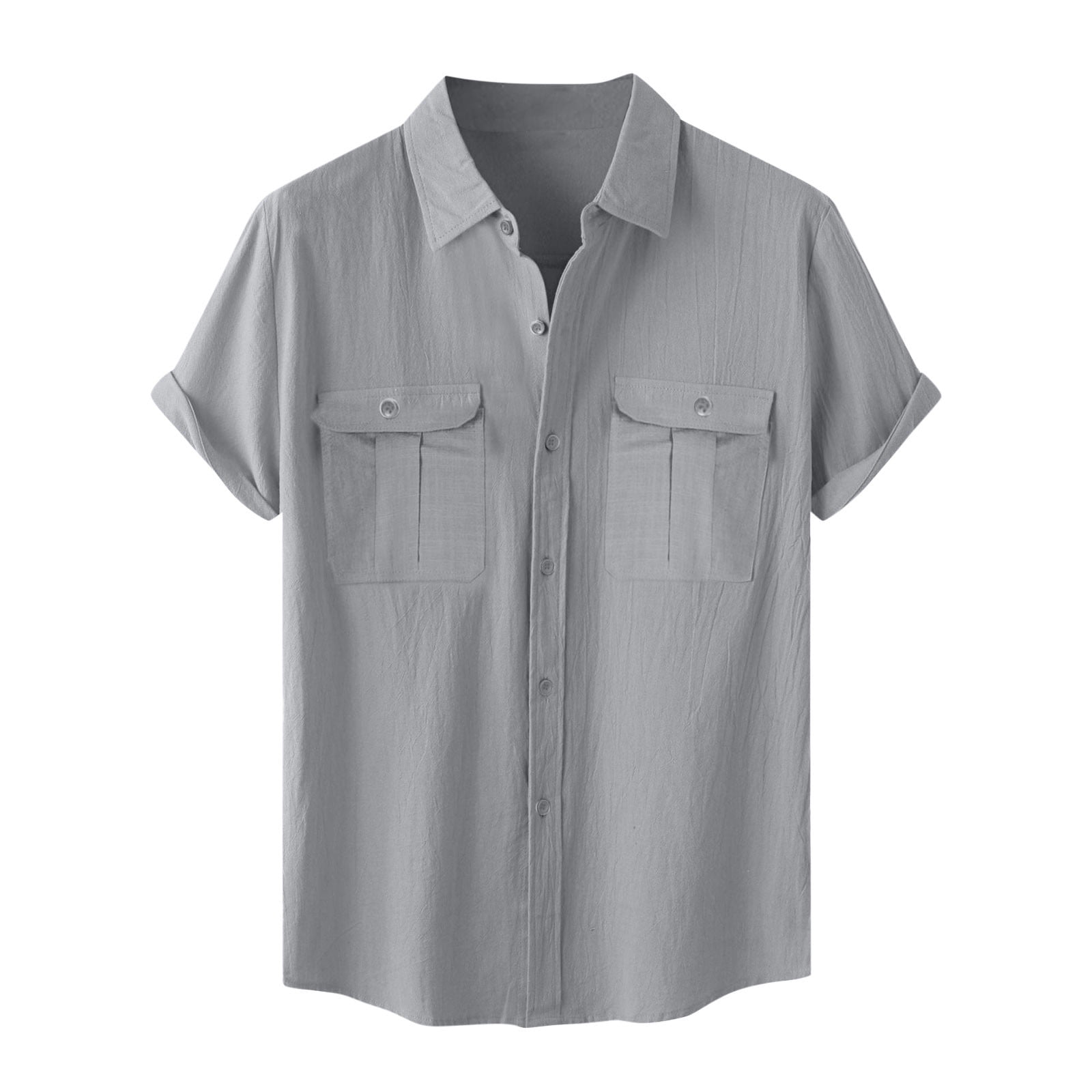 WREESH Men's Fashion Casual Cotton Linen Shirt Short Sleeve Button Down Shirts Solid Color ...