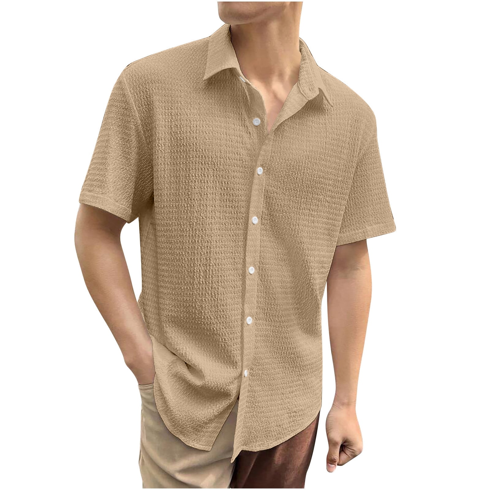 WREESH Men's Linen Button Down Shirts Short Sleeve Solid Color Cotton ...