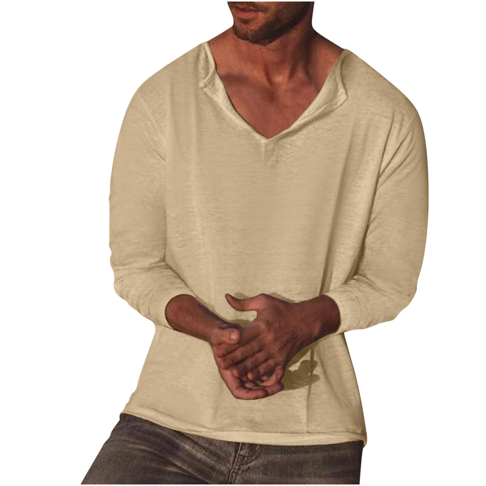 WREESH Mens Cotton Linen Classic V Neck Shirts Long Sleeve T Shirt ...