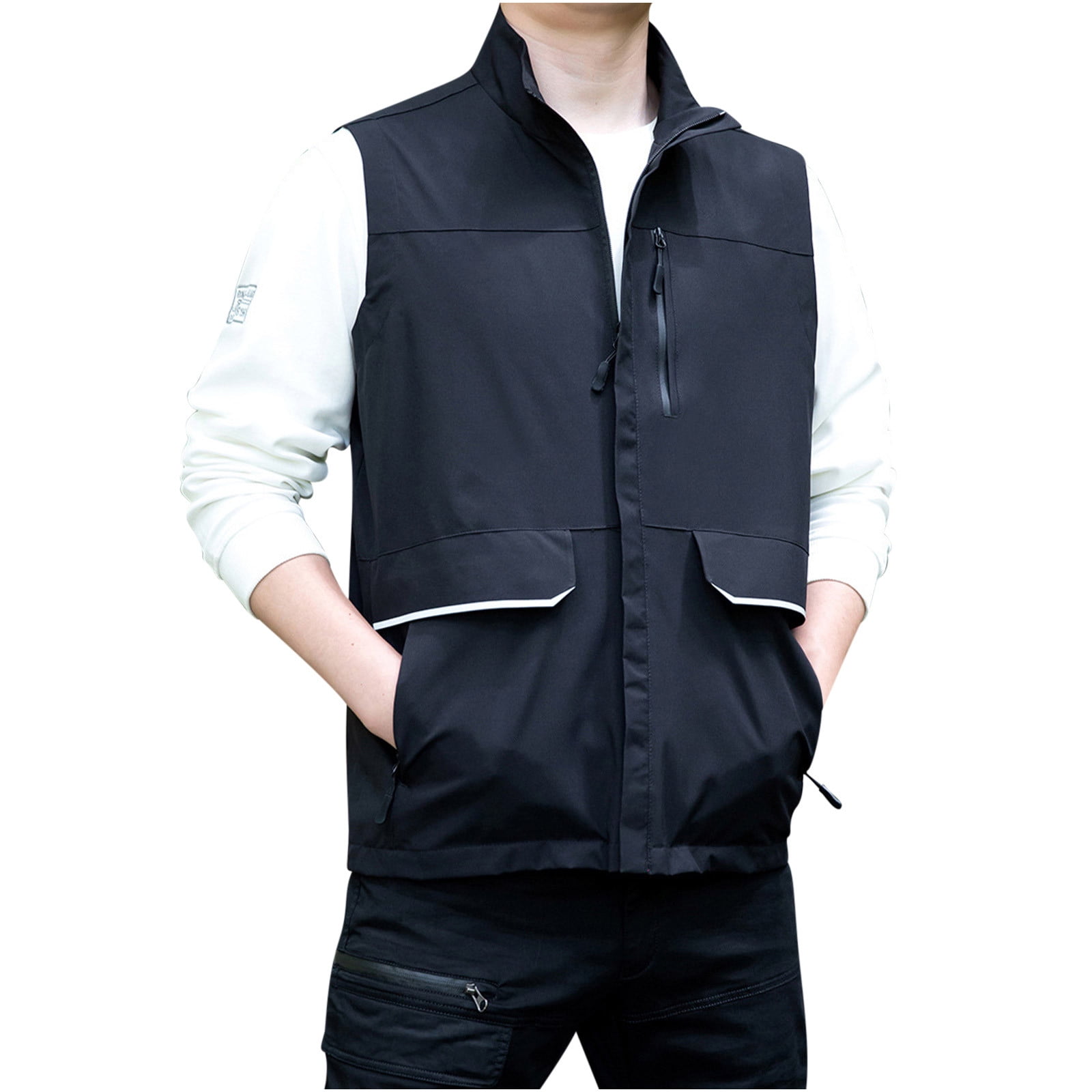 WREESH Mens Thin Cargo Vest Stand Collar Hidden Zipper Work Vest Quick ...