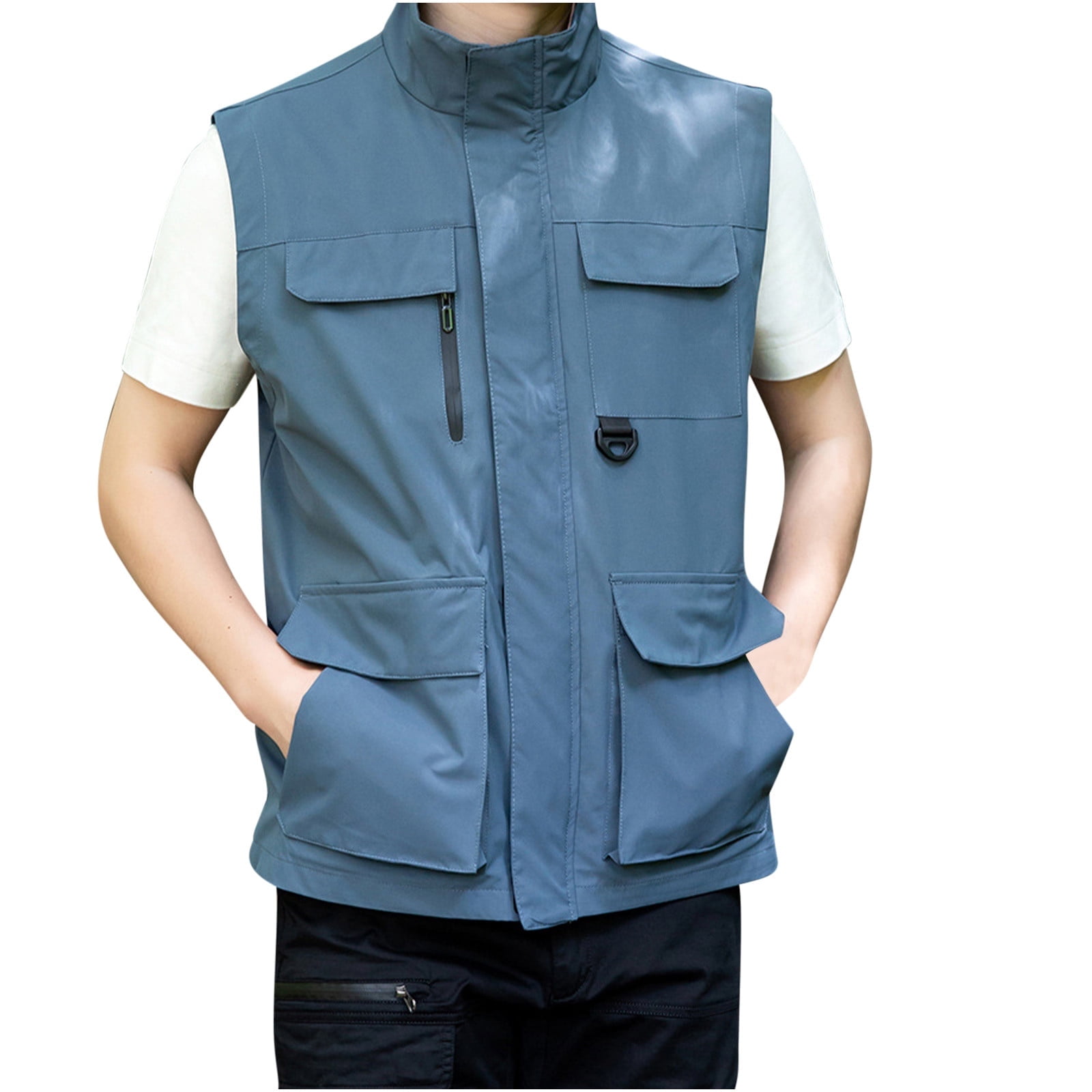WREESH Mens Thin Cargo Vest Stand Collar Hidden Zipper Work Vest Quick ...