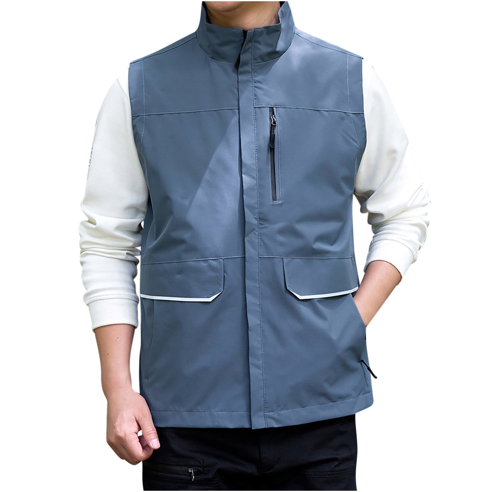 WREESH Mens Thin Cargo Vest Stand Collar Hidden Zipper Work Vest Quick ...