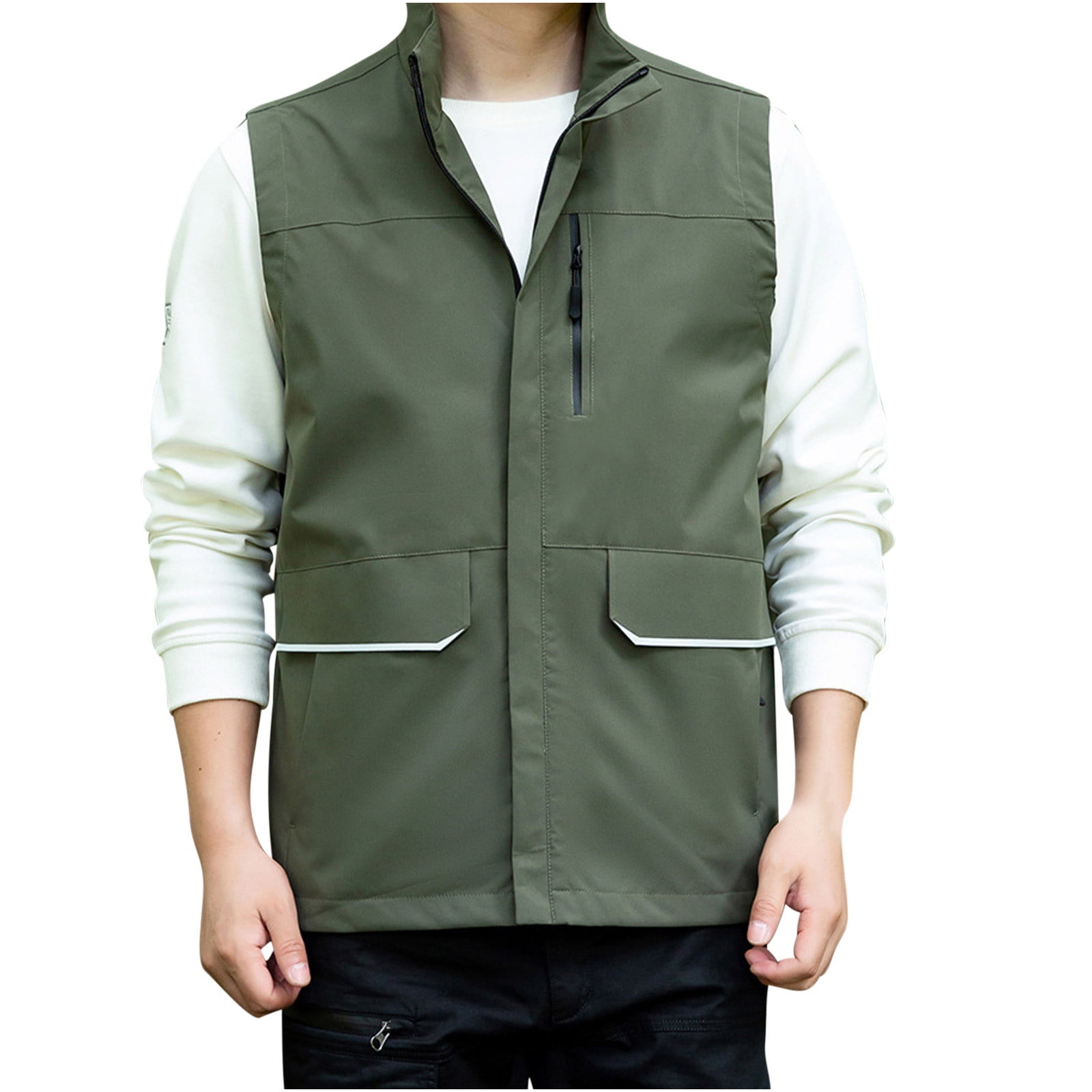 WREESH Mens Thin Cargo Vest Stand Collar Hidden Zipper Work Vest Quick ...
