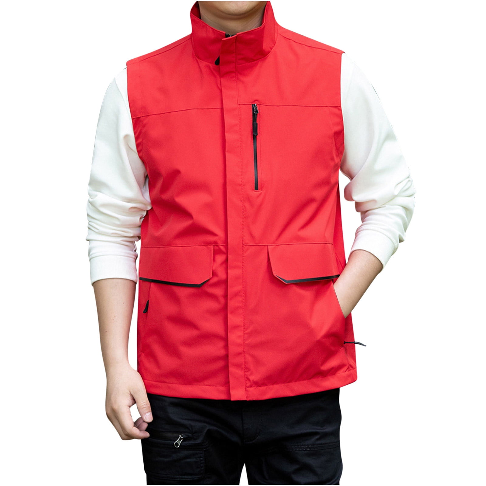 WREESH Mens Thin Cargo Vest Stand Collar Hidden Zipper Work Vest Quick ...