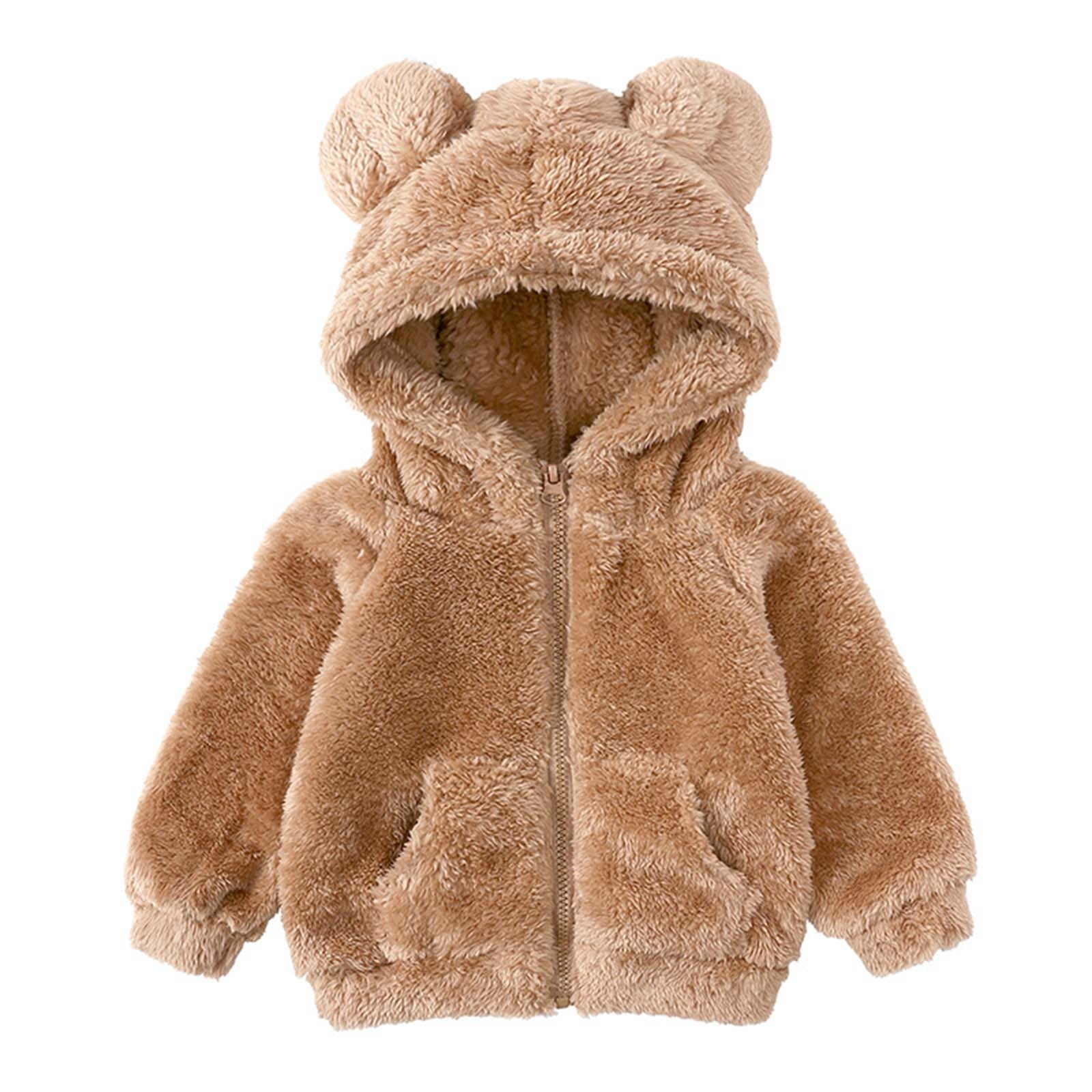WREESH Toddler Boy Girl Winter Coats Bear Hooded Jacket Faux Furry Jacket Cute Solid Color ...