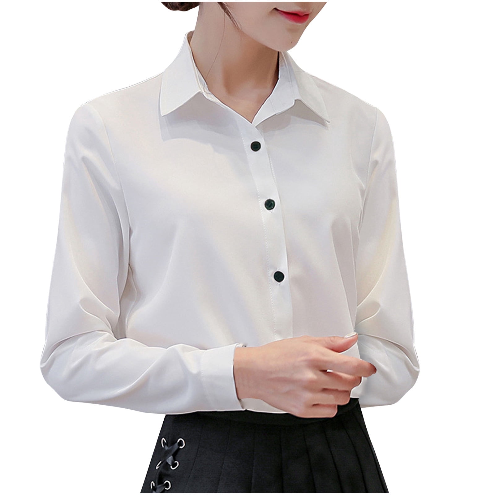 WREESH Women's Solid Color Button Down Shirts Casual Slim Fitting ...