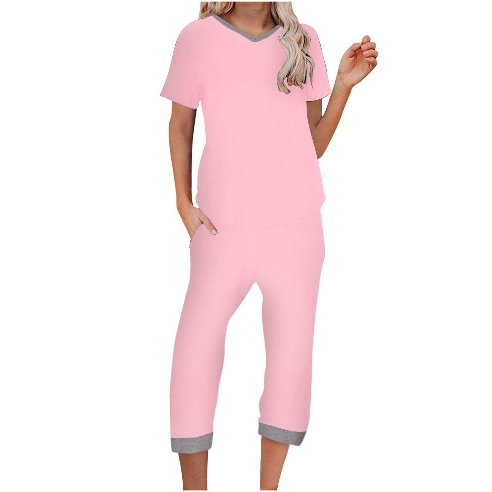 WREESH Womens 2 Piece Pajama Set V-Neck Short Sleeve Shirt and Capri ...