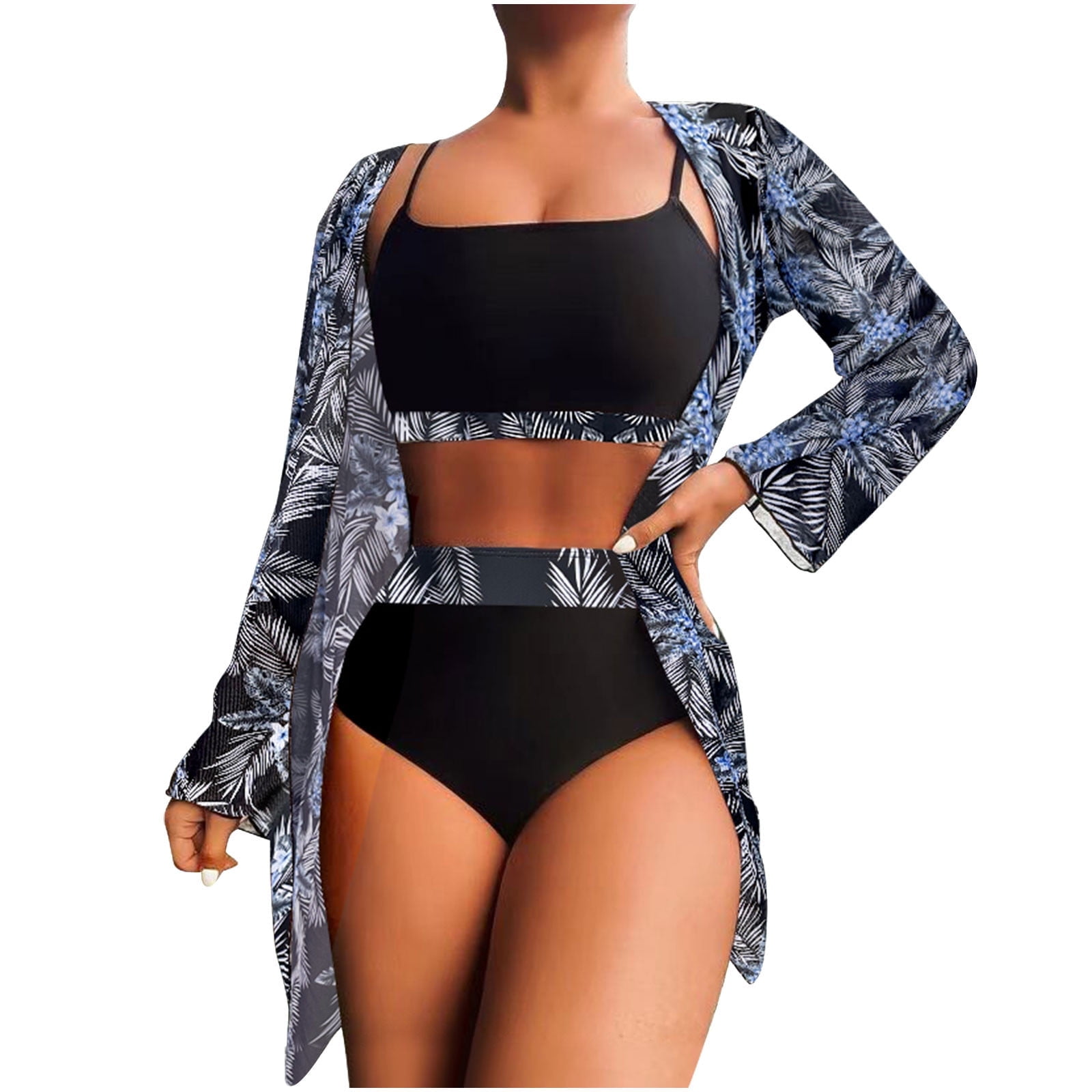 WREESH Womens 3 Piece Swimsuits Tropical Print Bikini Set with Kimono Beach Cover Ups Fashion ...