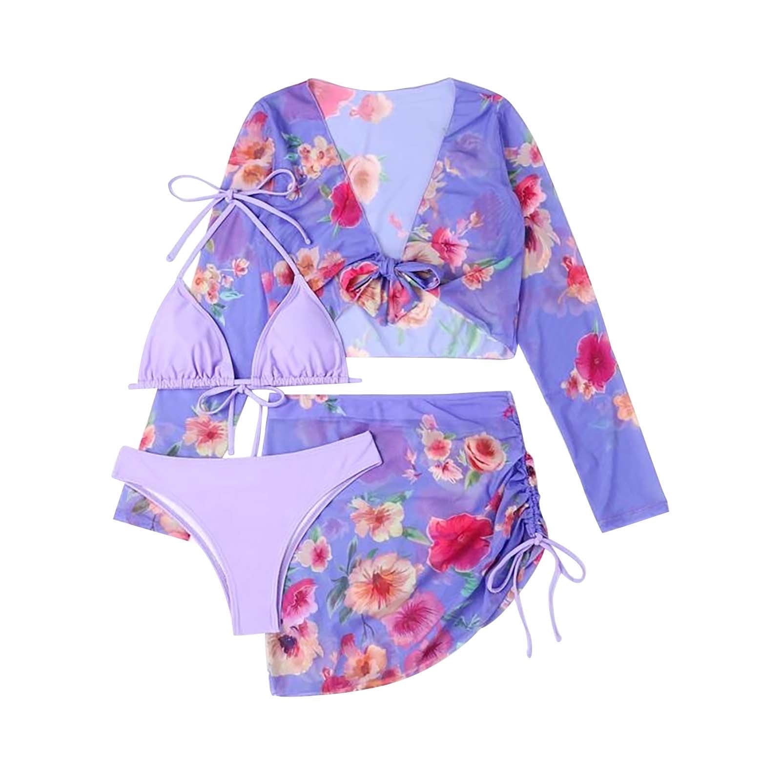 Wreesh Womens 4 Piece Bikini Set Swimsuit Cover Up Mesh Tie Front Long